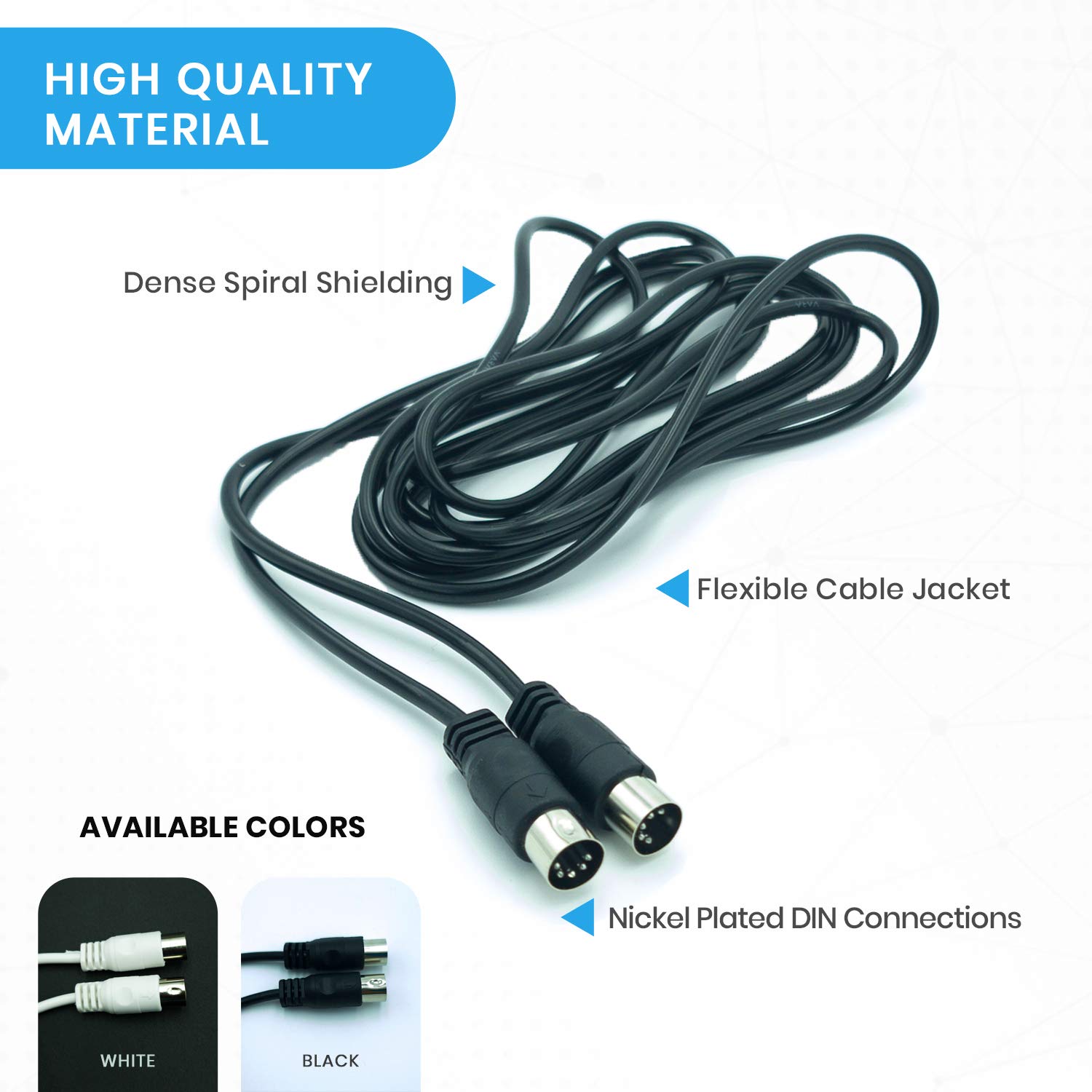 VARA 8 ft White 5-Pin DIN to 5-Pin DIN MIDI Cable Compatible with Synthesizers, Electric Drums, Keyboards, Home Studio