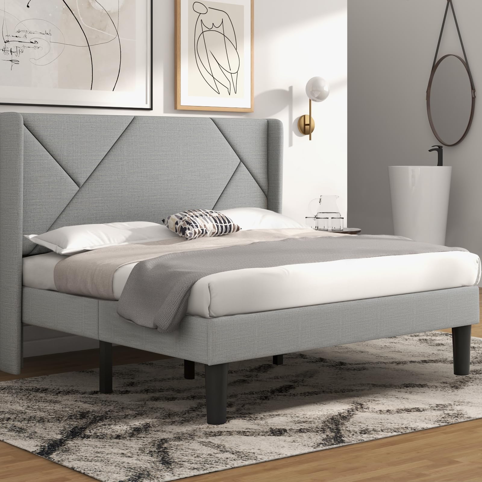 SWISH WEAVERS King Size Platform Bed Frame with Headboard, Upholstered Bed Frame with Wingback, No Box Spring Needed, Easy Assembly Solid Wooden Slats, Noise-Free, Light Gray
