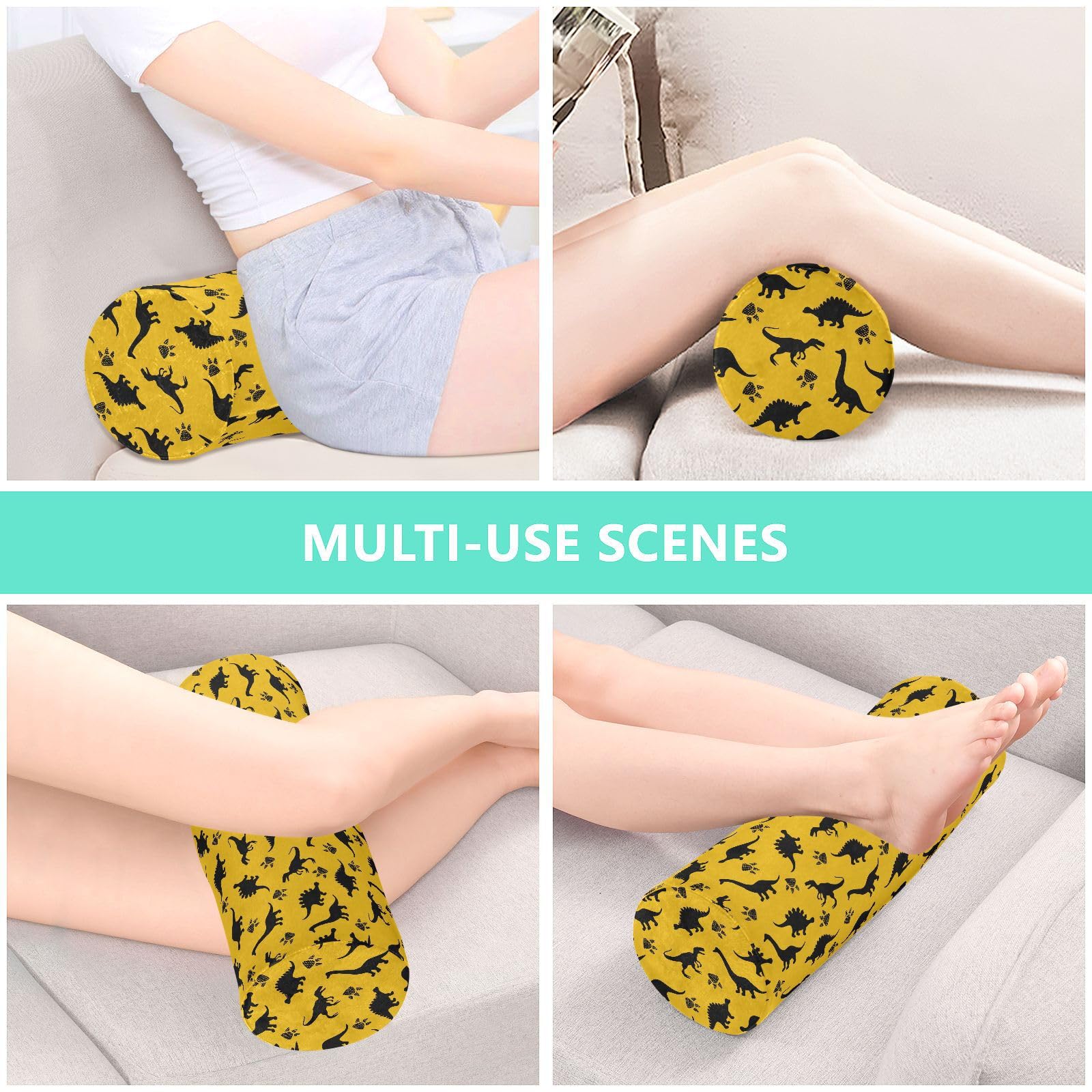 Vnurnrn Yellow Dinosaur Neck Support Pillow Round Neck Roll Bolster Cylinder Pillow Cervical Pillows Neck Roll Pillow for Leg Knee Back Head Support for Bedroom Camp Work Women Men