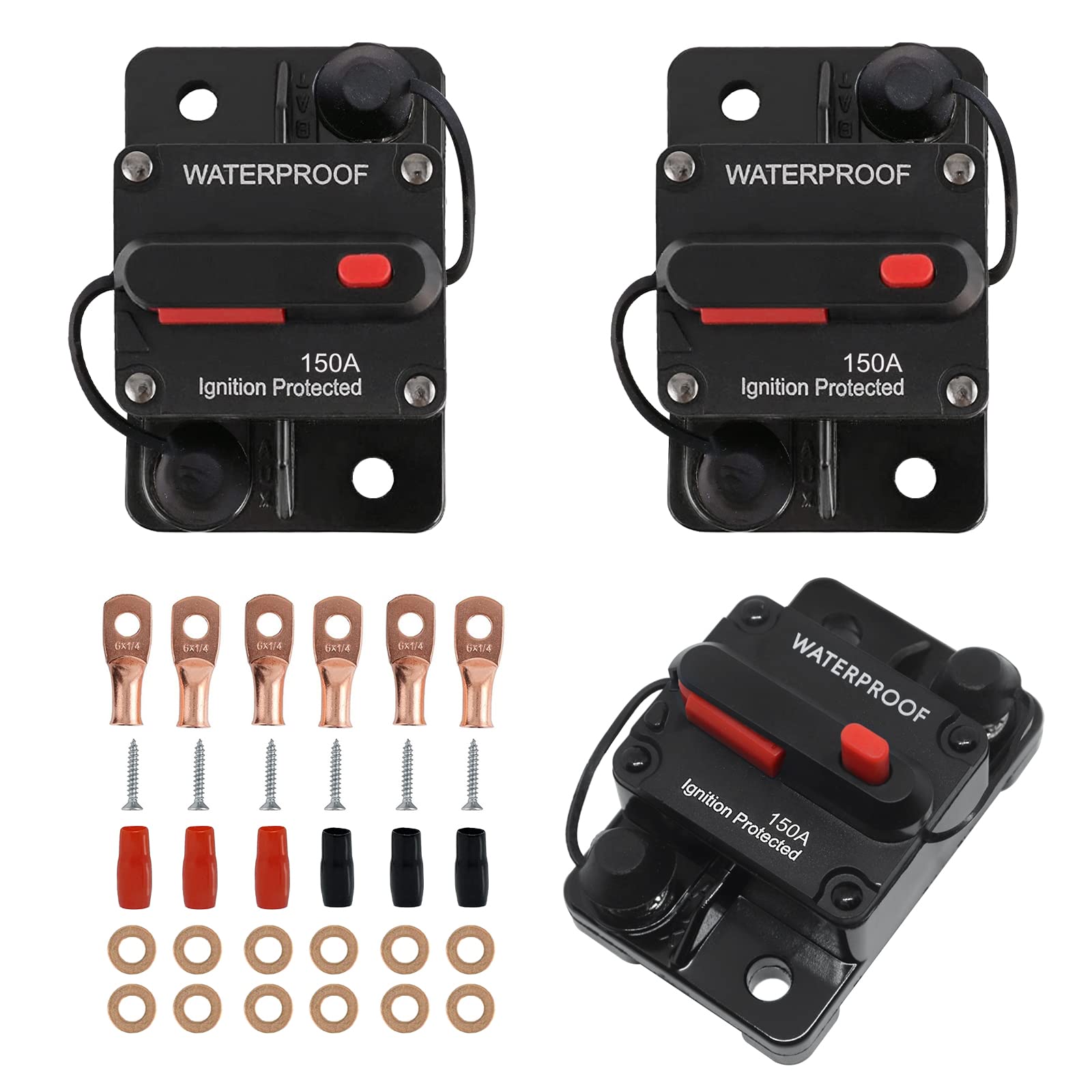 Tiooka 150 Amp Circuit Breaker 12V-48V 3 Pack with Manual Reset for Boat Trolling Motor Marine ATV Trailer Vehicles Stereo Audio Electronic Battery Solar System Waterproof Circuit Breaker