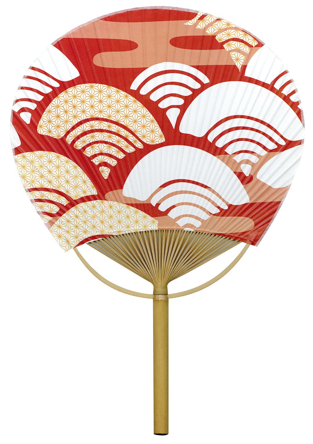 Shikoku Group Fan, Hemp Leaves, Blue Sea Wave, Red, Approx. 11.0 x 16.1 inches (28 x 41 cm)