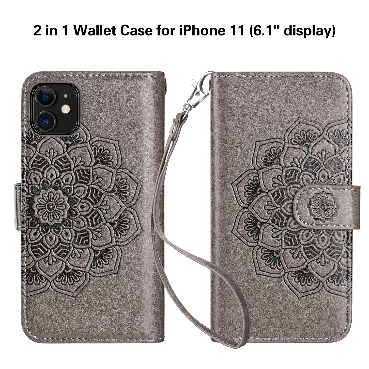 Vofolen 2-in-1 Case for iPhone 11 Case Wallet Credit Card Holder ID Slot Detachable Hybrid Protective Slim Hard Shell Magnetic PU Leather Folio Pocket Flip Cover for iPhone 11 6.1 inch Mandala Grey