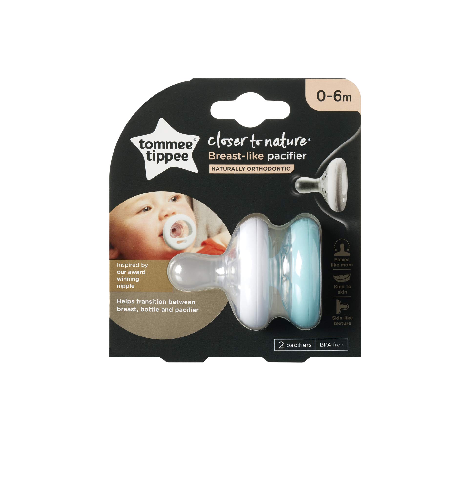 Tommee Tippee Breast-Like Pacifier Soother, 0-6 Months ? White & Ice Blue, 2 Pack