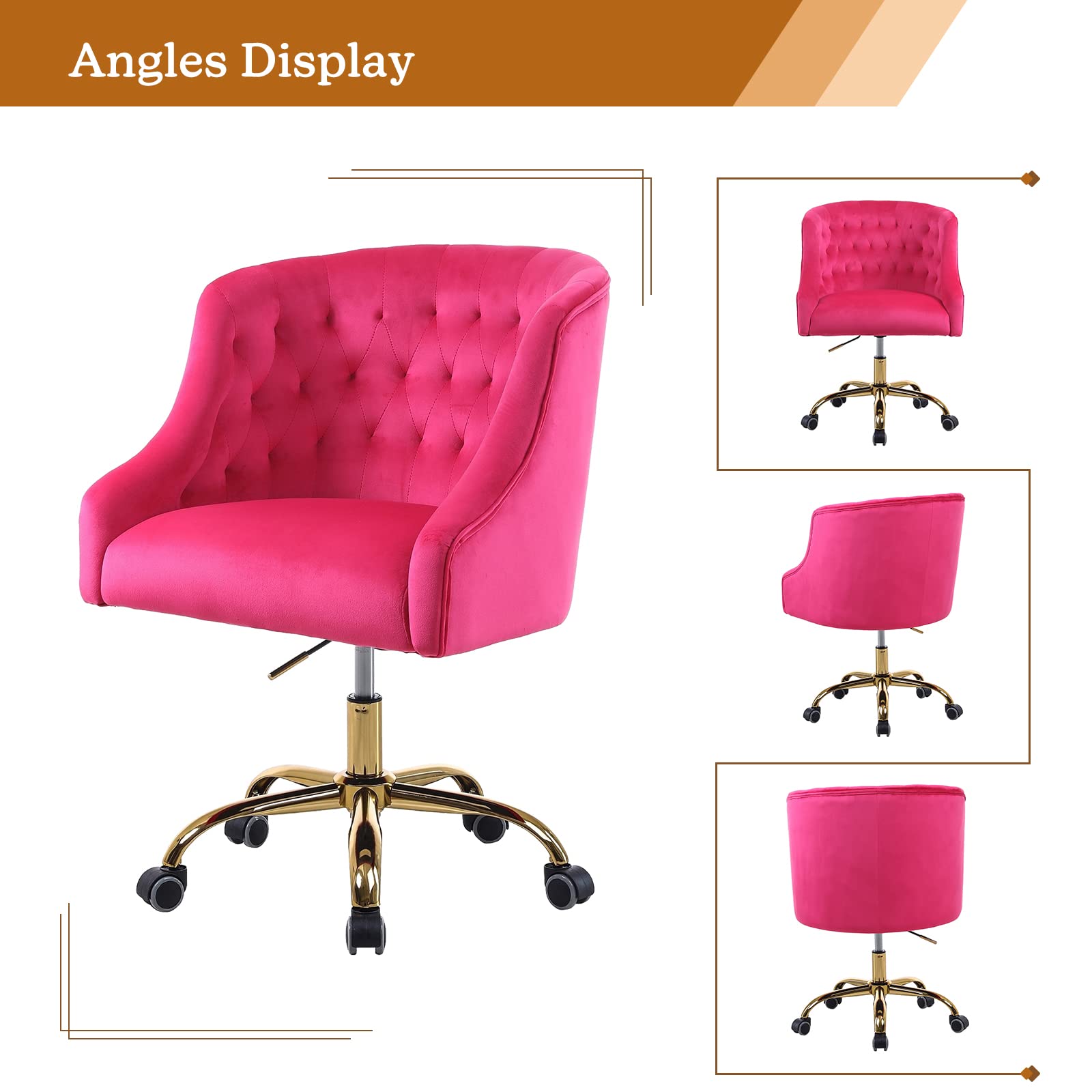 Velvet Home Office Chair with Gold Base, Comfortable Modern Cute Desk Chair, Adjustable Swivel Task Chair for Living Room Bedroom Vanity Study, Fushia