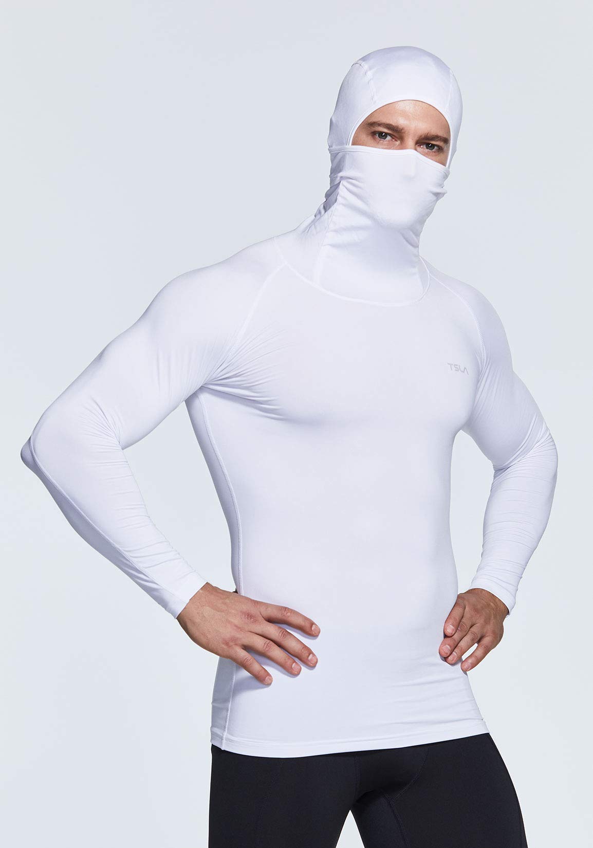 TSLA Men's Thermal Compression Shirts Hoodie with Mask, Long Sleeve Winter Sports Base Layer Top, Active Running Shirt, Heatlock Hoodie White, Medium