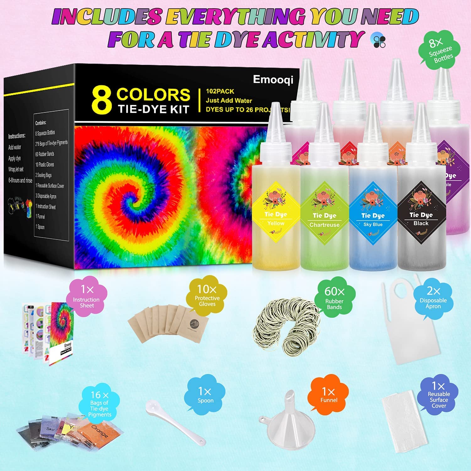 Tie Dye Kit, Emooqi 8 Colors 100Ml All-in-1 Tie Dye Set with 16 Bag Pigments, Rubber Bands, Gloves, Apron and Table Covers for Craft Arts Fabric Textile Party DIY Handmade Project