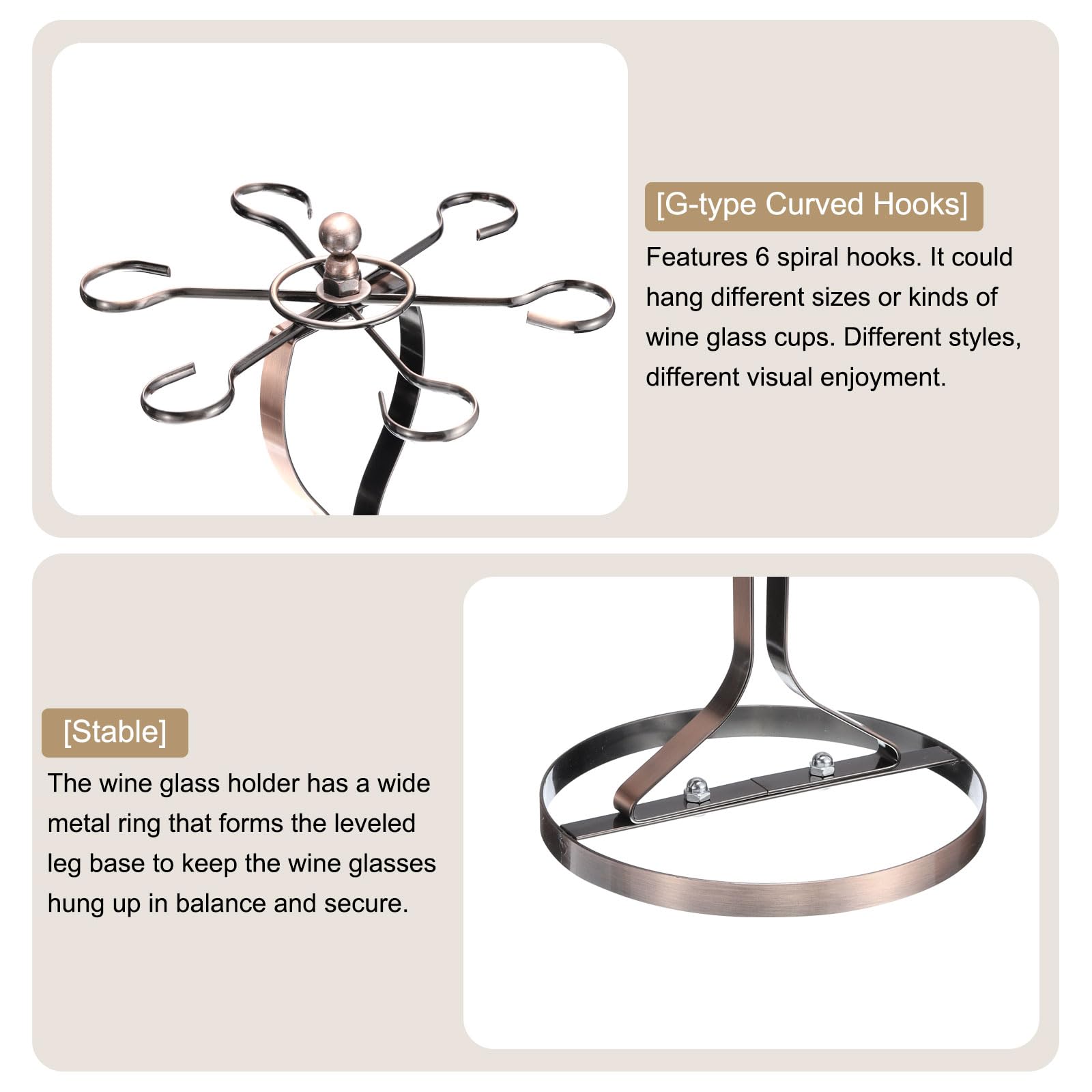 uxcell Countertop Wine Glass Holder, Freestanding Wine Glass Rack with 6 Hooks, Metal Stemware Holder Stand for Bar, Kitchen Home Storage (Bronze 235x335mm)