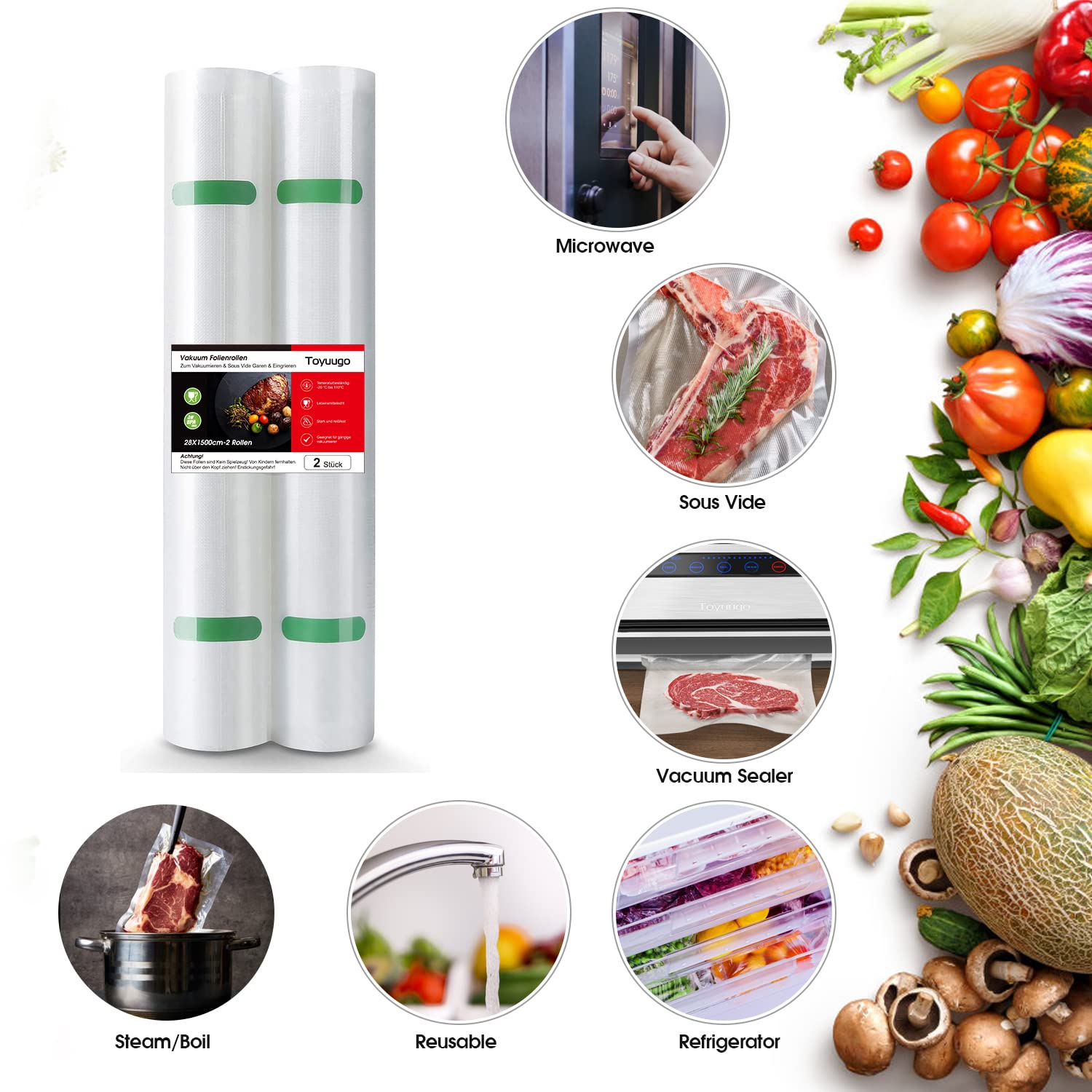 Vacuum Sealer Bags, 2 Rolls Thicker Heavy-Duty Commercial Quality Textured Vacuum Seal Bags for Food Storage Saver Sous Vide Cooking