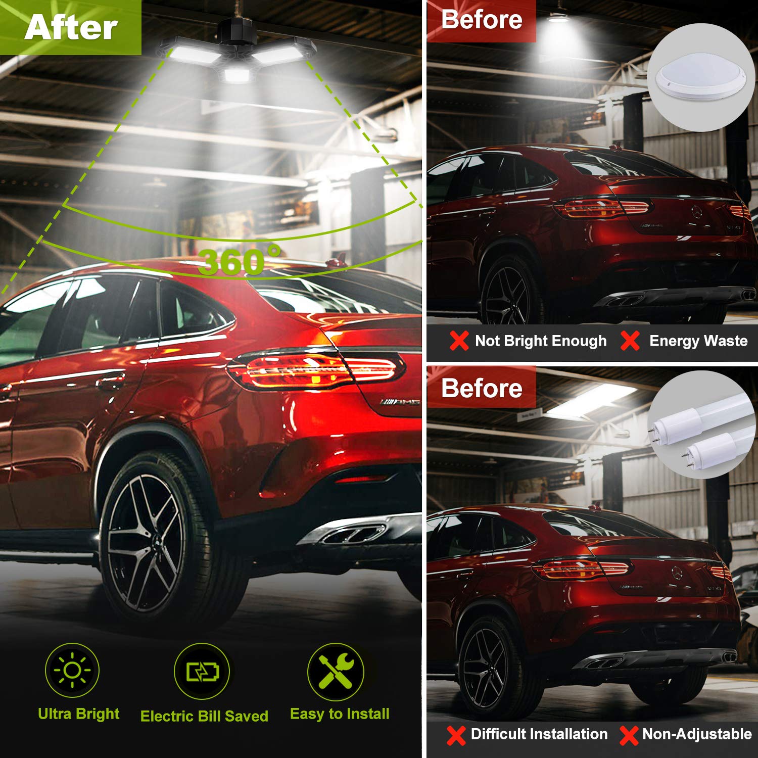 yoelike Led Garage Light 2 Pack, 60W Deformable Led Garage Lights Ceiling, 6000LM Bright Garage Light, 6500K 3 Adjustable Panels Shop Lights for Garage, Workshop, Warehouse, Barn, E26/E27