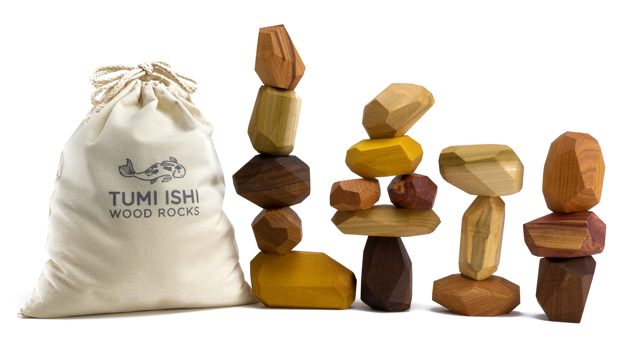 Tumi Ishi 17 Piece Wood Rock Set - Mixed Wood Species - Balancing Blocks - Natural Wood Toy - Organic Jojoba oil and Beeswax Finish - Handmade Wooden Toys - Sensory Toy - USA Made - Personalizable