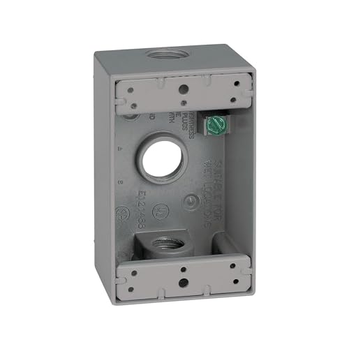 SIGMA ENGINEERED SOLUTIONS 14250 Metal Electrical Outlet Box, Weatherproof, Easy Mount Plug and Receptacle Protector, Gray, (3) 1/2-Inch Holes, 1 Gang Box