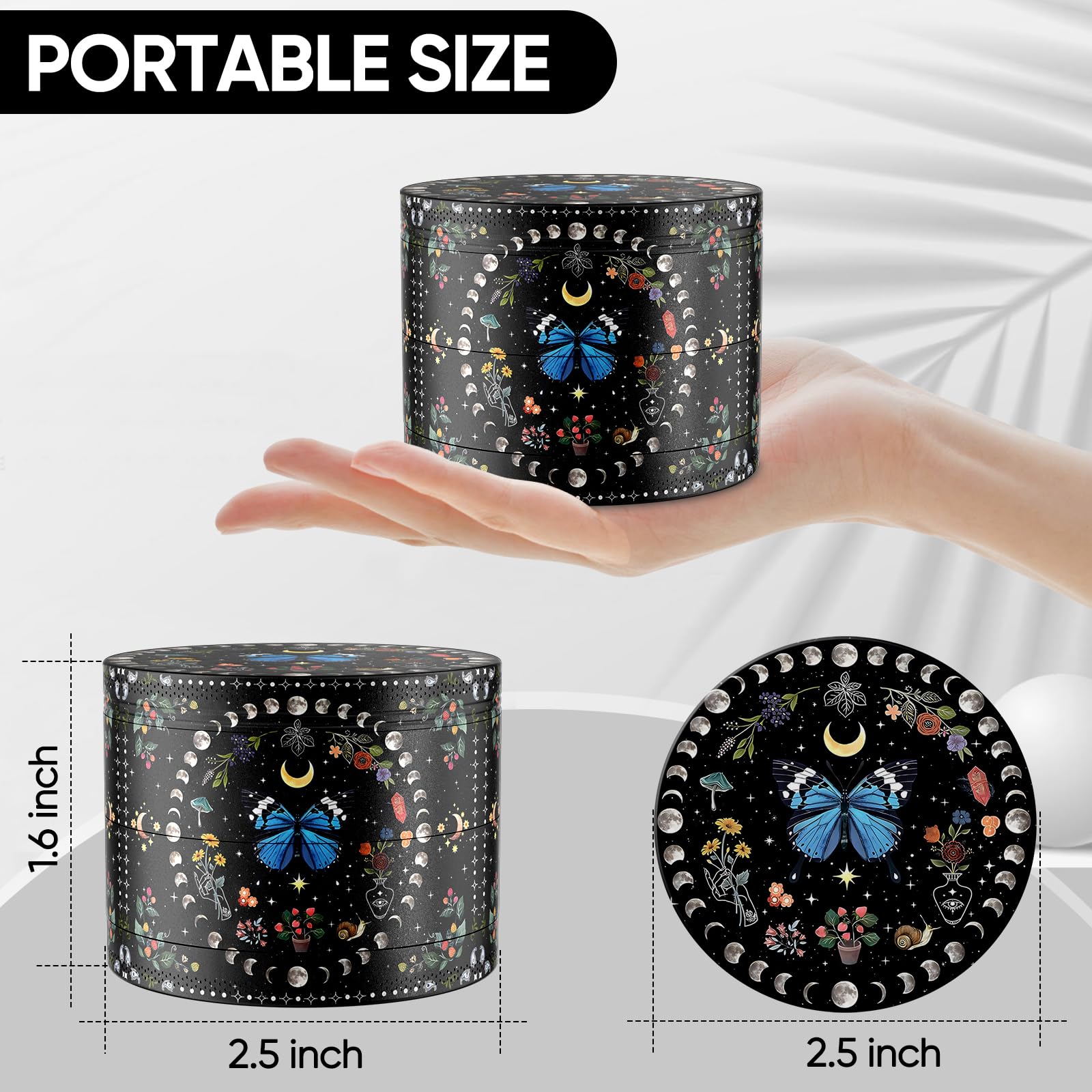 Spice Grinder 2.5 Inch Grinder, Boho Butterfly Grinder (Black, 2.5β)