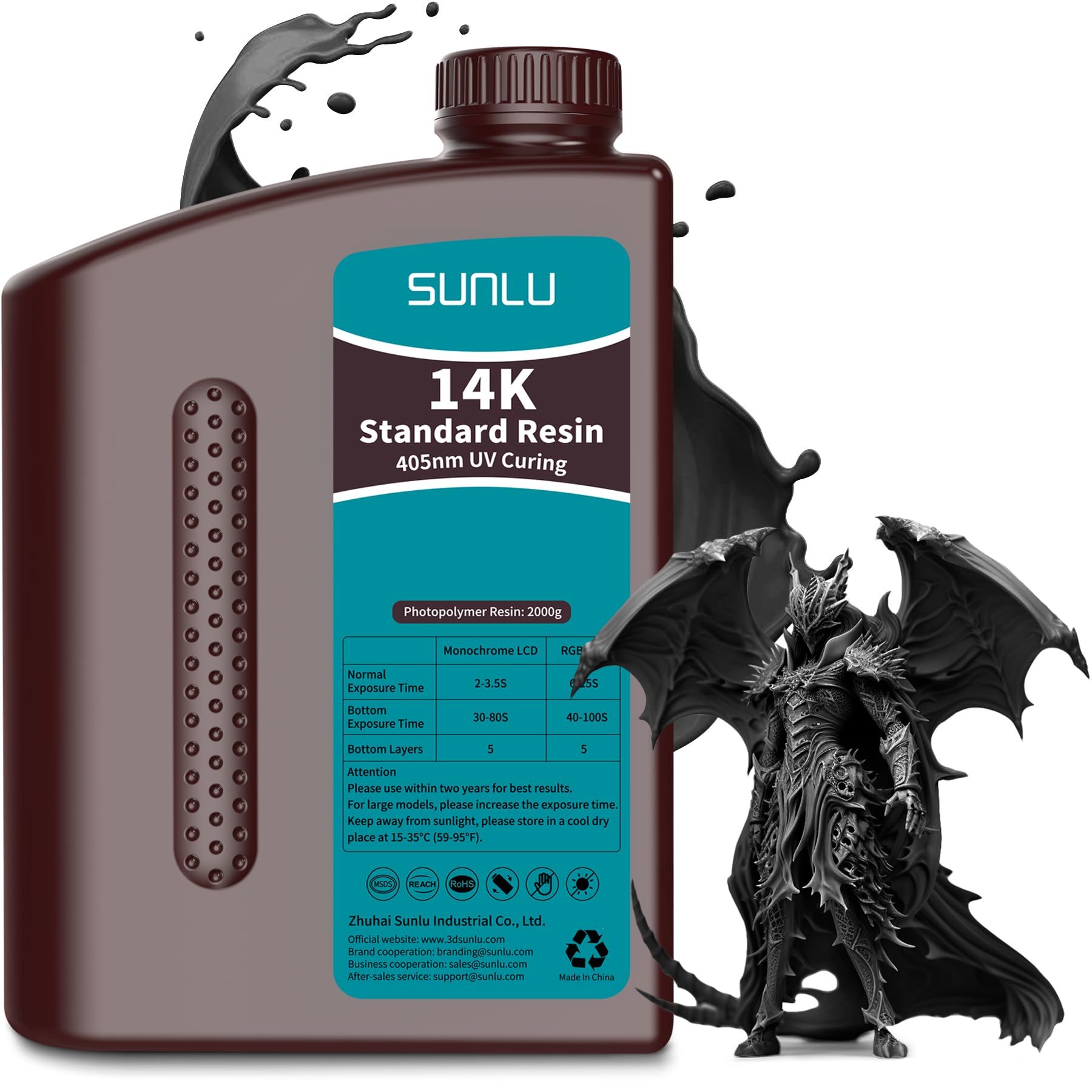 SUNLU 3D Printer Resin, 2000g Standard Photopolymer 405nm UV Curing Resin for 4K/8K LCD/DLP/SLA Resin 3D Printer, 3D Printing Liquid Fast Curing Resin, High Precision, Low Shrinkage, 2KG, Grey
