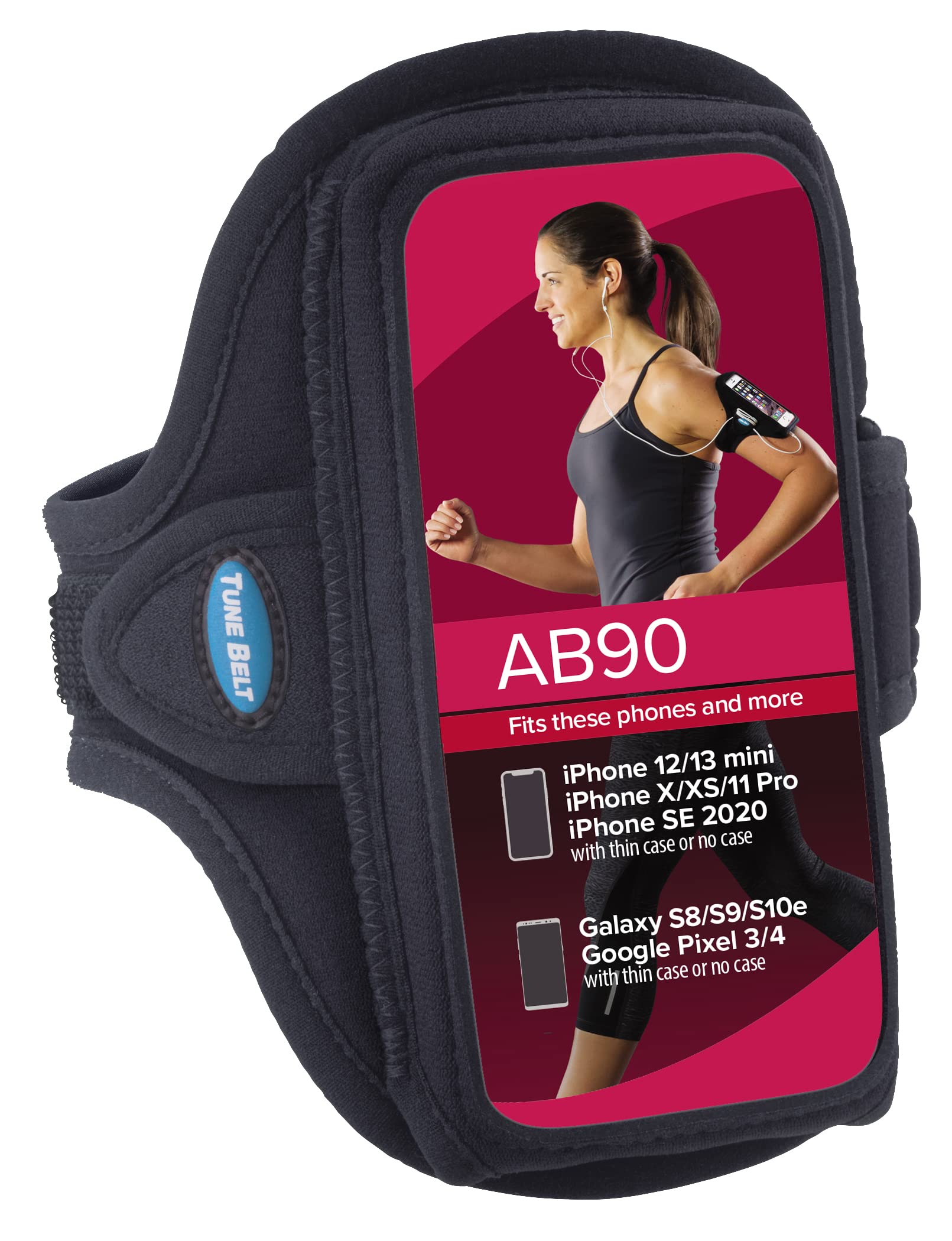 Tune Belt AB90 Cell Phone Running Armband Holder Case for iPhone 13 Mini, 12 Mini, 11 Pro, SE 2020, X XS, Water Resistant Pouch for Exercise and Working Out (Black)