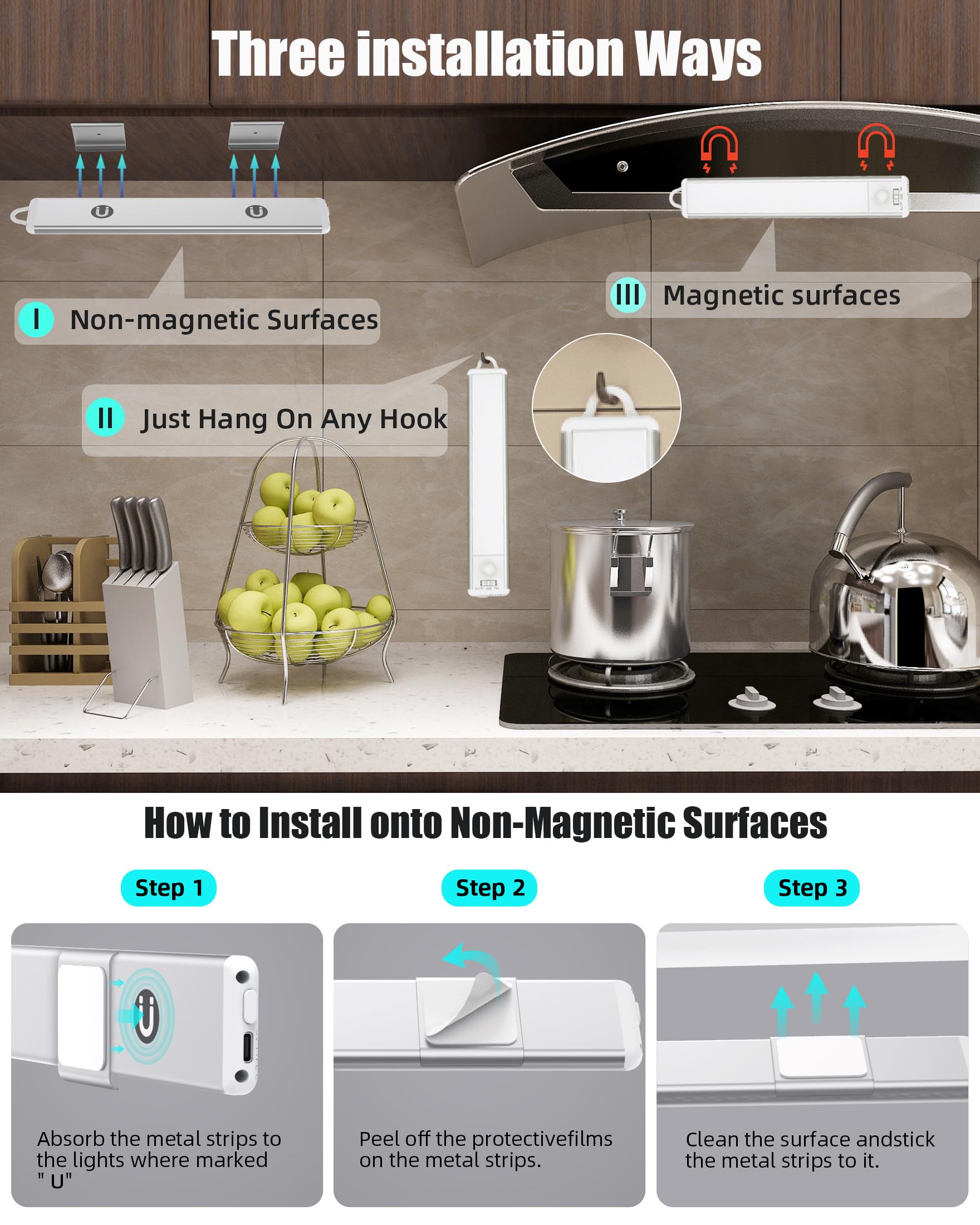 Under Cabinet Lights Motion Sensor, Under Counter Closet Lights, 36LED Cabinet Lighting, 1500mah LED Rechargeable Battery Operated, Under Counter Lights for Kitchen, Wardrobe, Stairway, 2Pack