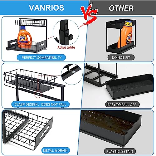 VANRIOS 100% Metal Under Sink Organizer and Storage, 2-Tier Pull Out Cabinet Organizer Shelf Under Cabinet Storage Height Adjustable Non-Slip Multi-Use Slide Out Cabinet Basket for Bathroom, Kitchen