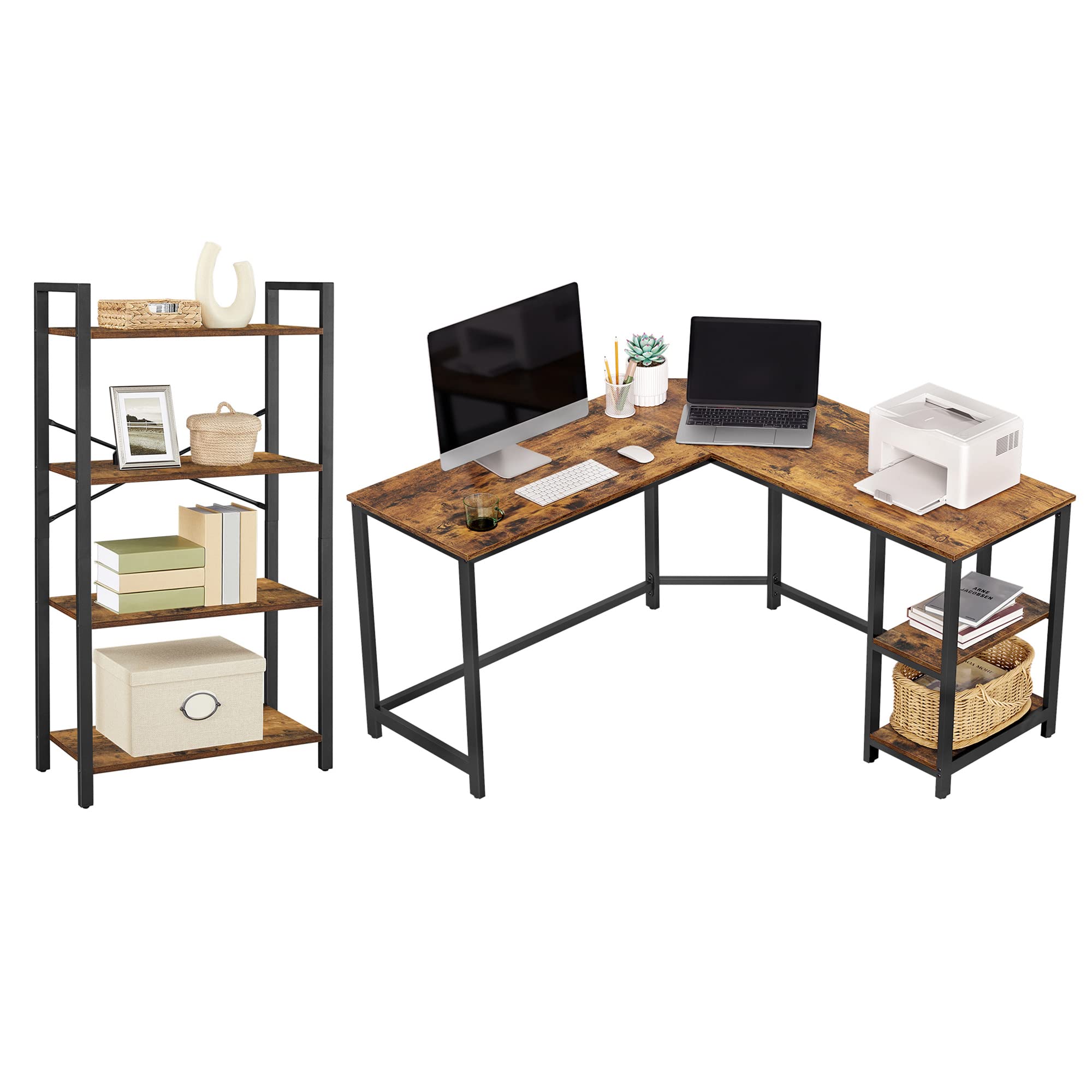 VASAGLE Computer Desk and Bookshelf Bundle, L-Shaped Computer Desk and 4-Tier Bookcase with Steel Frame, for Home Office, Industrial, Rustic Brown and Black ULWD72X and ULLS60BX