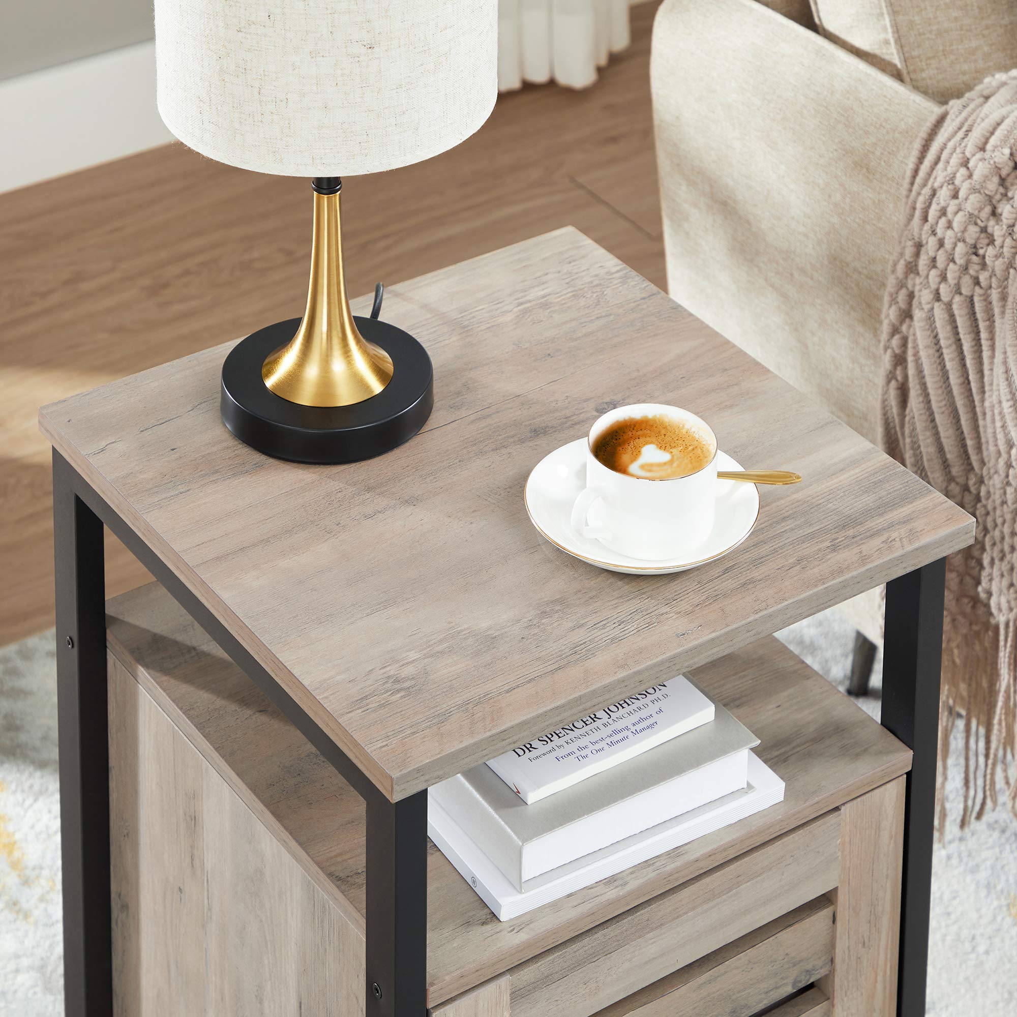 VASAGLE Nightstand, End Table with Open Shelf, Side Table, Inner Adjustable Shelf, Steel Frame, 15.7 x 15.7 x 23.6 Inches, Bedroom, Industrial, Greige and Black ULET062B02