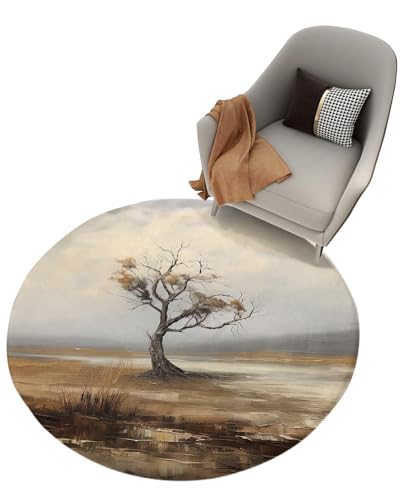Tree Branches Fluffy Round Area Rug Carpets 4ft, Plush Shaggy Carpet Soft Circular Rugs, Non-Slip Fuzzy Accent Floor Mat for Living Room Bedroom Nursery Decor Wild Leaves Forest Abstract Painted Art