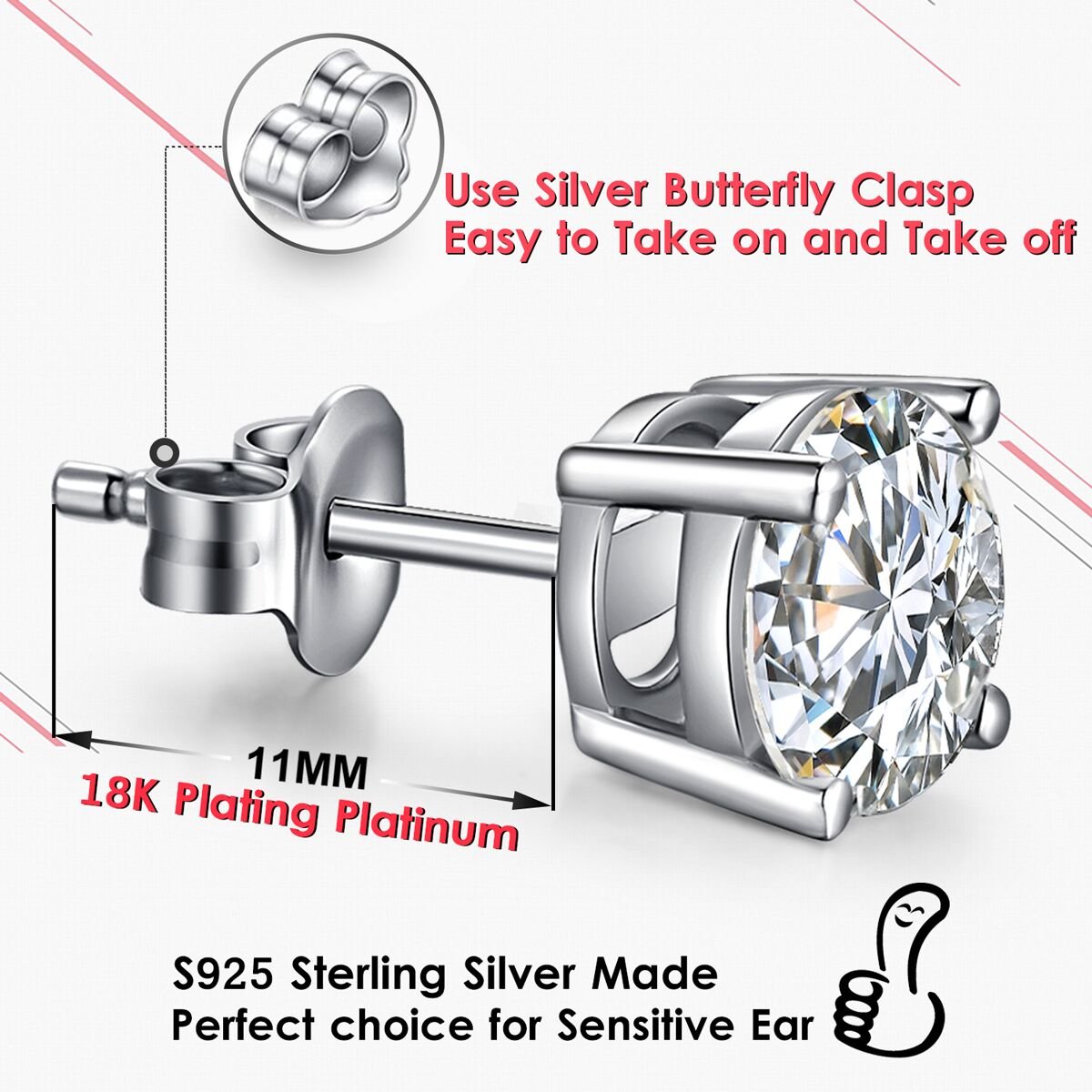 Silver CZ Studs Diamond Studs Sterling Silver Round Cut Cubic Zirconia Earrings Cubic Zirconium Earrings Cubic Zirconia Studs 8mm Diamond Earring Studs CZ Earring Studs for Women