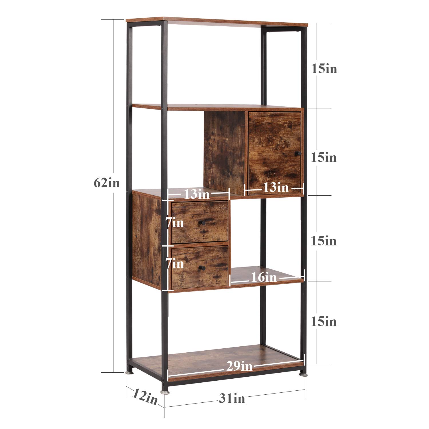 VECELO Bookshelf/Bookcase,Open Book Shelf with Middle Drawers Storage Organizer for Living Room,Home Office