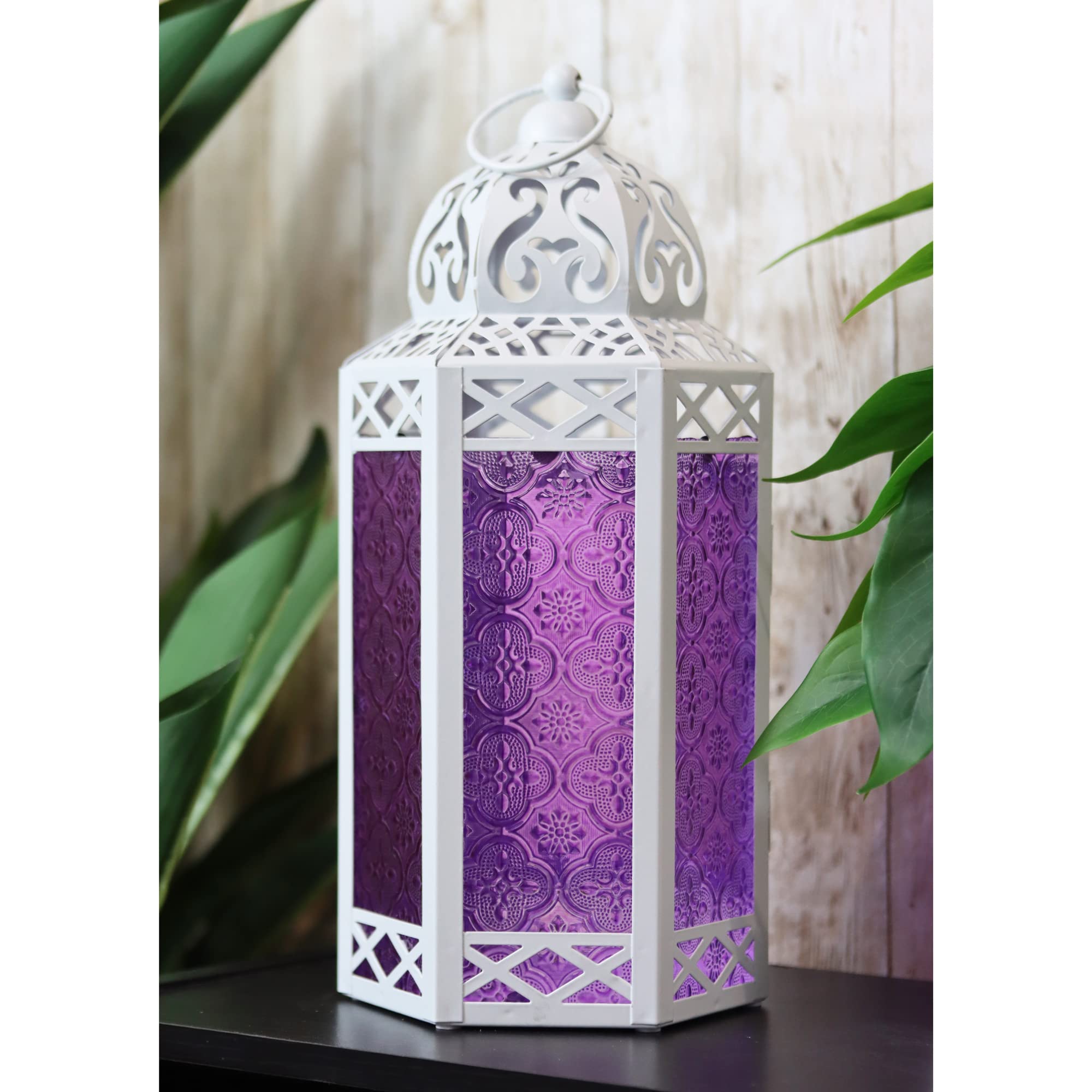 VELA LANTERNS Metal Moroccan Decorative Candle Lantern Holders for Hanging or Table, Indoor Home Decor, Outdoor Patio or Porch, Weddings, White, Purple Glass, Large