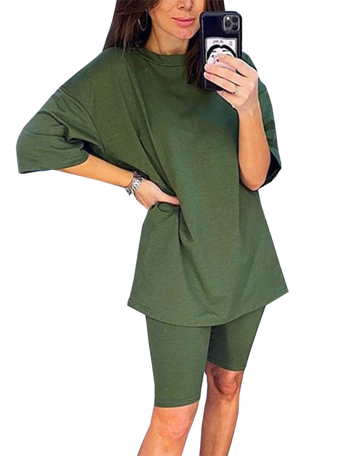 Youdiao Women 2 Piece Outfit Sets Oversized T-Shirt Tops Biker Shorts Casual Workout Sports Tracksuit Set with Belt Dark Green XL