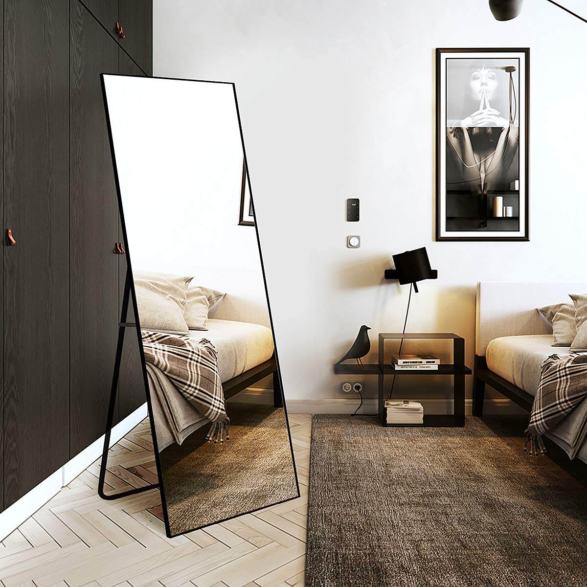 TinyTimes 65"×22" Full Length Mirror, Floor Mirror with Stand, Full Body Tall Mirror, Freestanding or Wall-Mounted, Brushed Thin Frame, for Bedroom, Liveing Room - Black