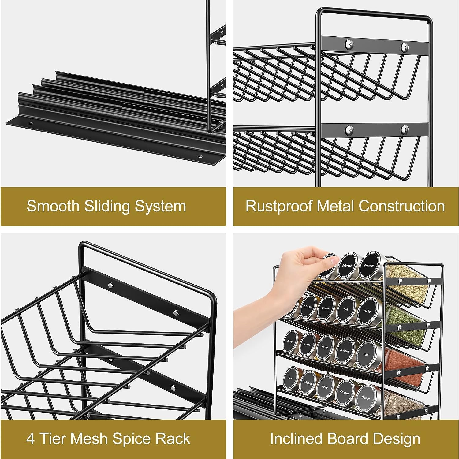 Vetacsion 4 Tier Pull Out Spice Rack Organizer for Cabinet 10 inch Wide, Detachable Double Facing, Metal