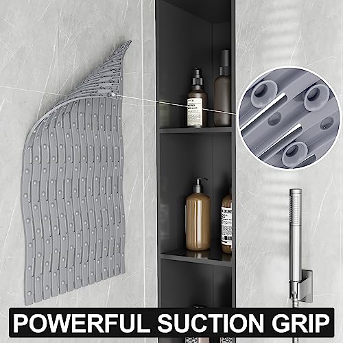 SUMLANS Foldable Non Slip Bath Mat, Bath Tub Mat Non Slip, Safe Soft Shower Mat with Strong Grip Suction Cups and Drain Holes, Clean Machine Washable for Bathroom, Wavy 16 x 27 in (Gray)