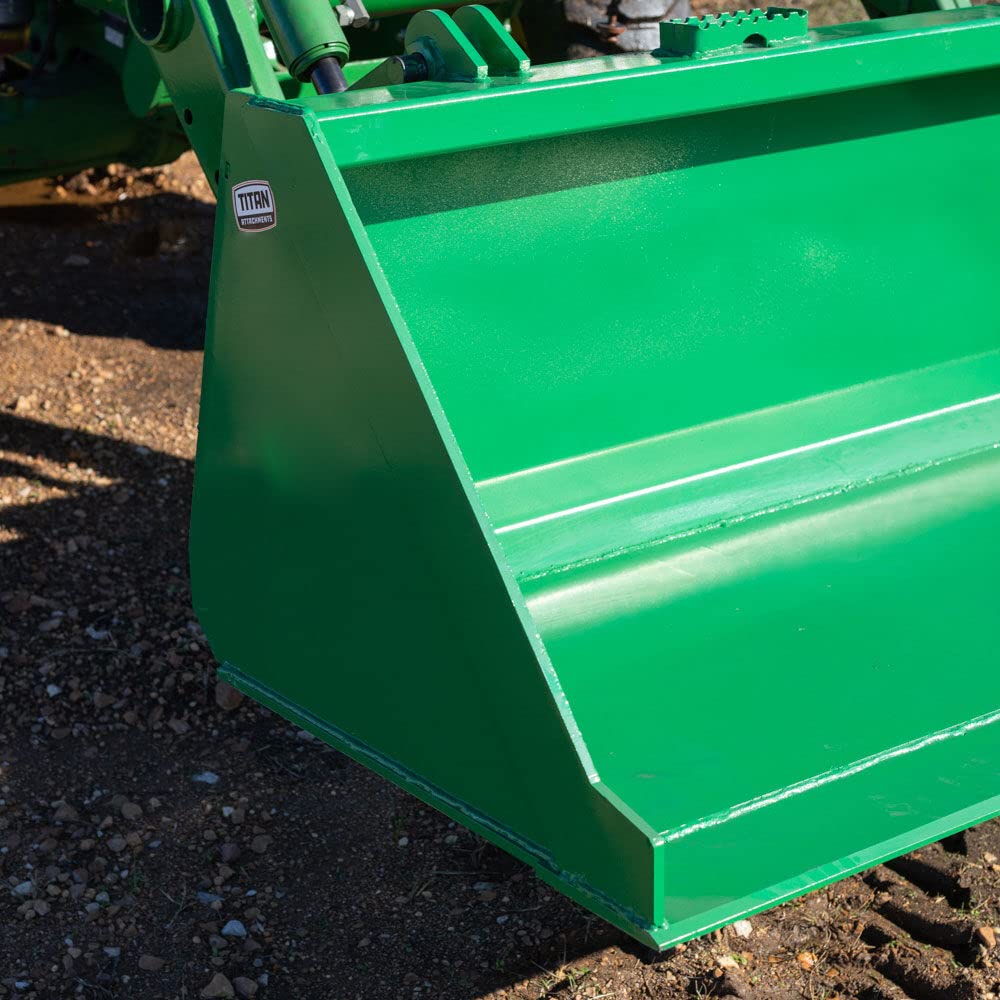 Titan Attachments 4FT Dirt Bucket Attachment Fits John Deere Hook and Pin Tractors, Low Profile Bucket for Dirt, Debris, Material Loading with Reinforced Gussets