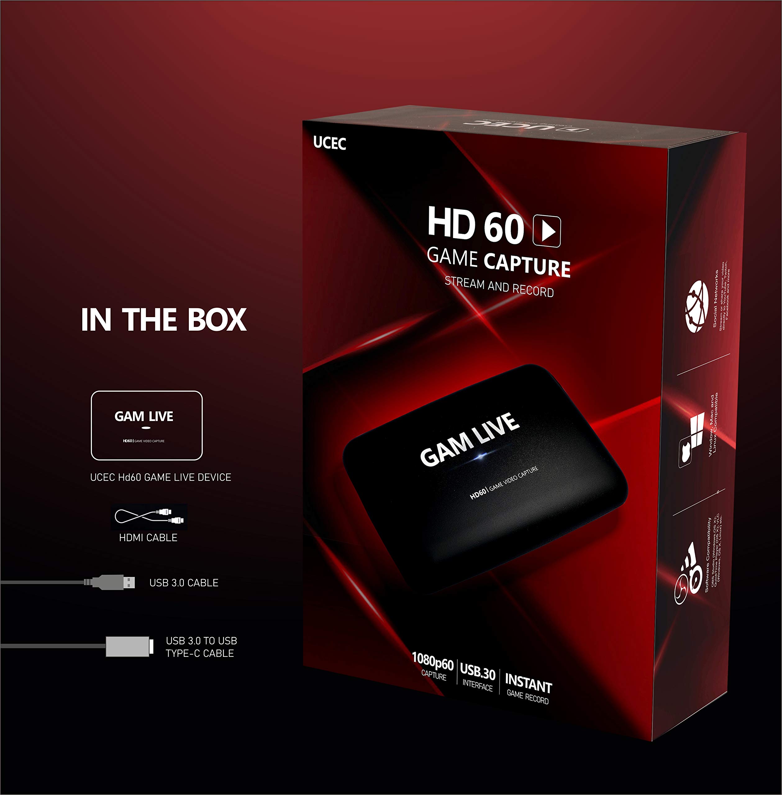UCEC Capture card, GAM LIVE, 4K USB 3.0 Game Video Capture Card, 1080p60 and 4K30 for Live Streaming, Video Recording, Compatible with PS5, PS4, Xbox One, Xbox 360, Switch and More