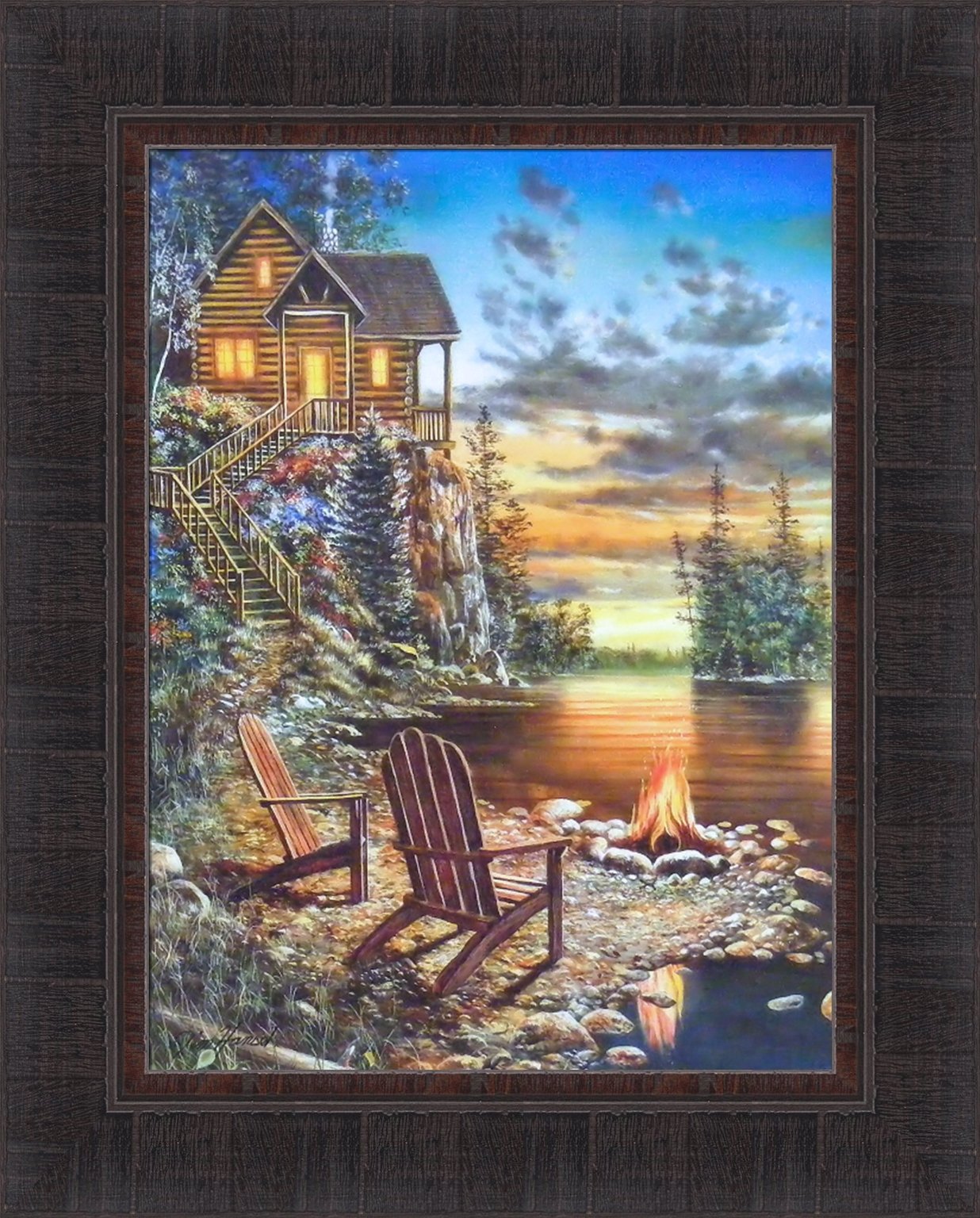 Summer Pleasures by Jim Hansel 17x21 Log Cabin Campfire Lake Sunset Framed Art Print Wall DƩcor Picture