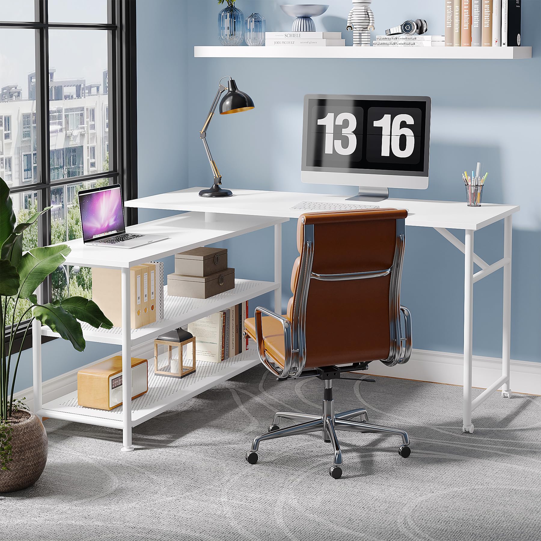 Tribesigns Modern L-Shaped Desk with Storage Shelves, 360°Rotating Desk Corner Computer Desk Study Writing Table Workstation with Open Shelves for Home Office, High Glossy Finish (Black)