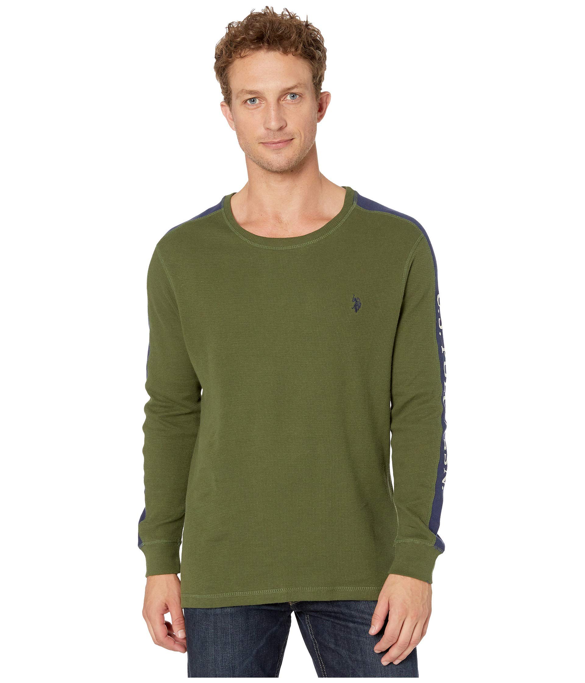 U.S. Polo Assn. Men's Long Crew Neck Solid Thermal Shirt, Sleeve Stripe Rifle Green, XX-Large