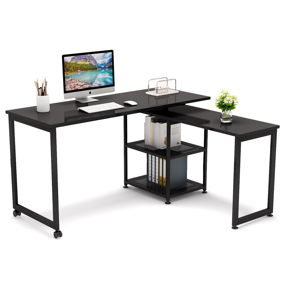 Tribesigns Reversible L-Shaped Desk with Storage Shelves, 360° Free Rotating Corner Computer Desk 55 inch Large Modern Office Desk Study Writing Table Workstation for Home Office (Black)