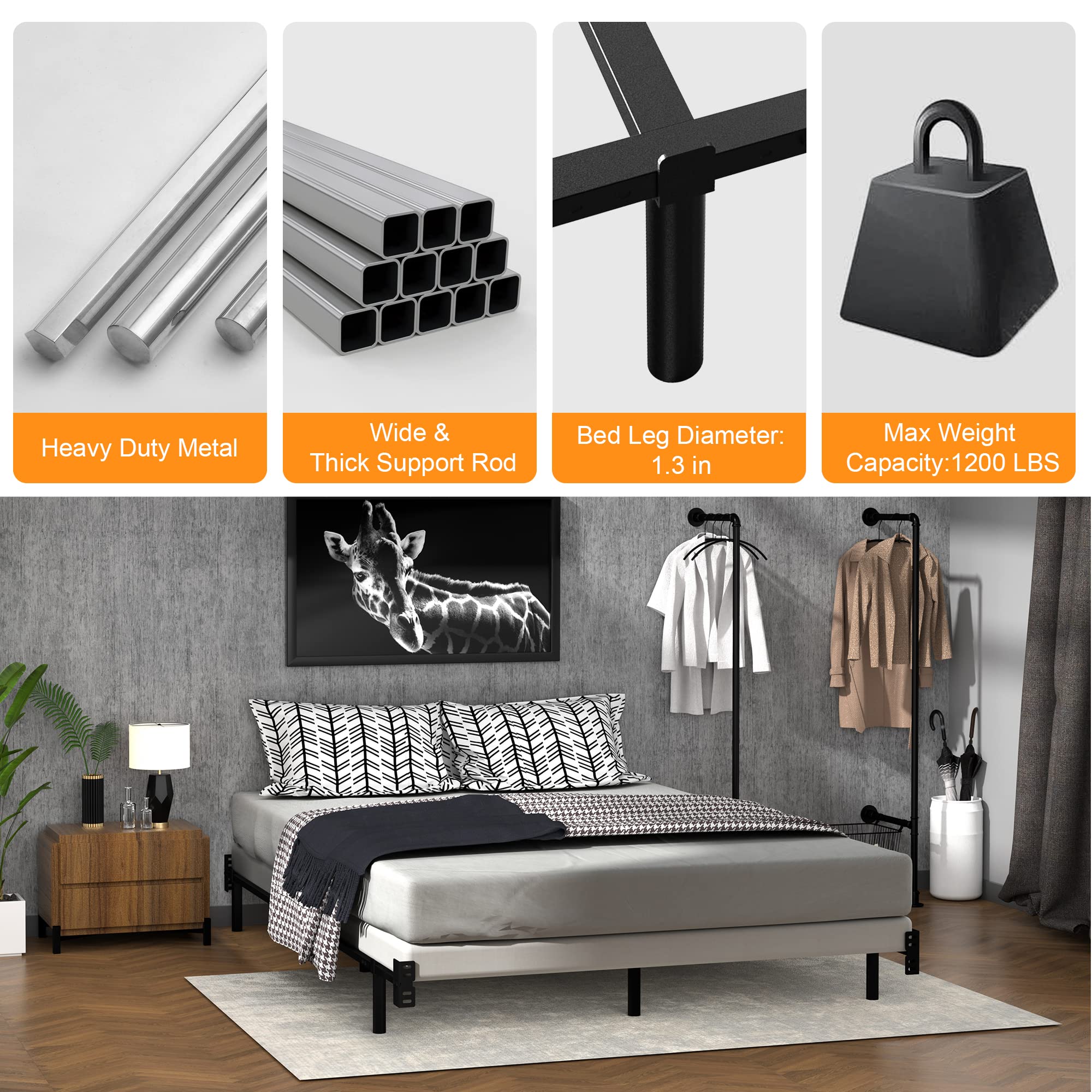 UJUJIA Metal Bed Frame Heavy Duty Platform Bed Frames Steel Slat Support for Twin/Full/Queen/King 9 legs Mattress Foundation Easy Assembly Adjustable Bed Frame (Black, Universal)