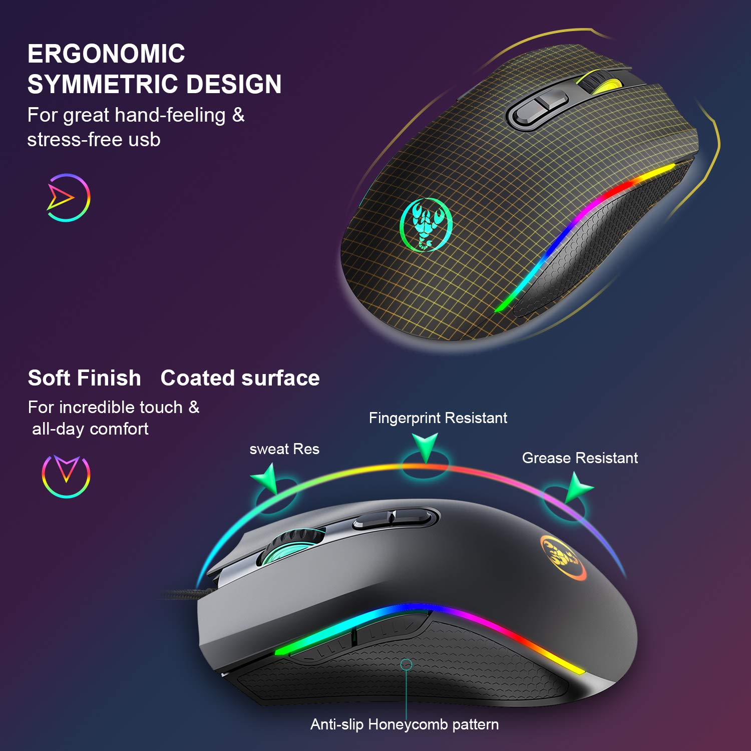 TKOOFN RGB Gaming Mouse, 6 DPI (1000/1600/2400/3200/4800/7200) Optical LED Wired Mouse with Programmable 7 Keys RGB Marquee Effect Light, Ideal for Computer Games & Daily Use