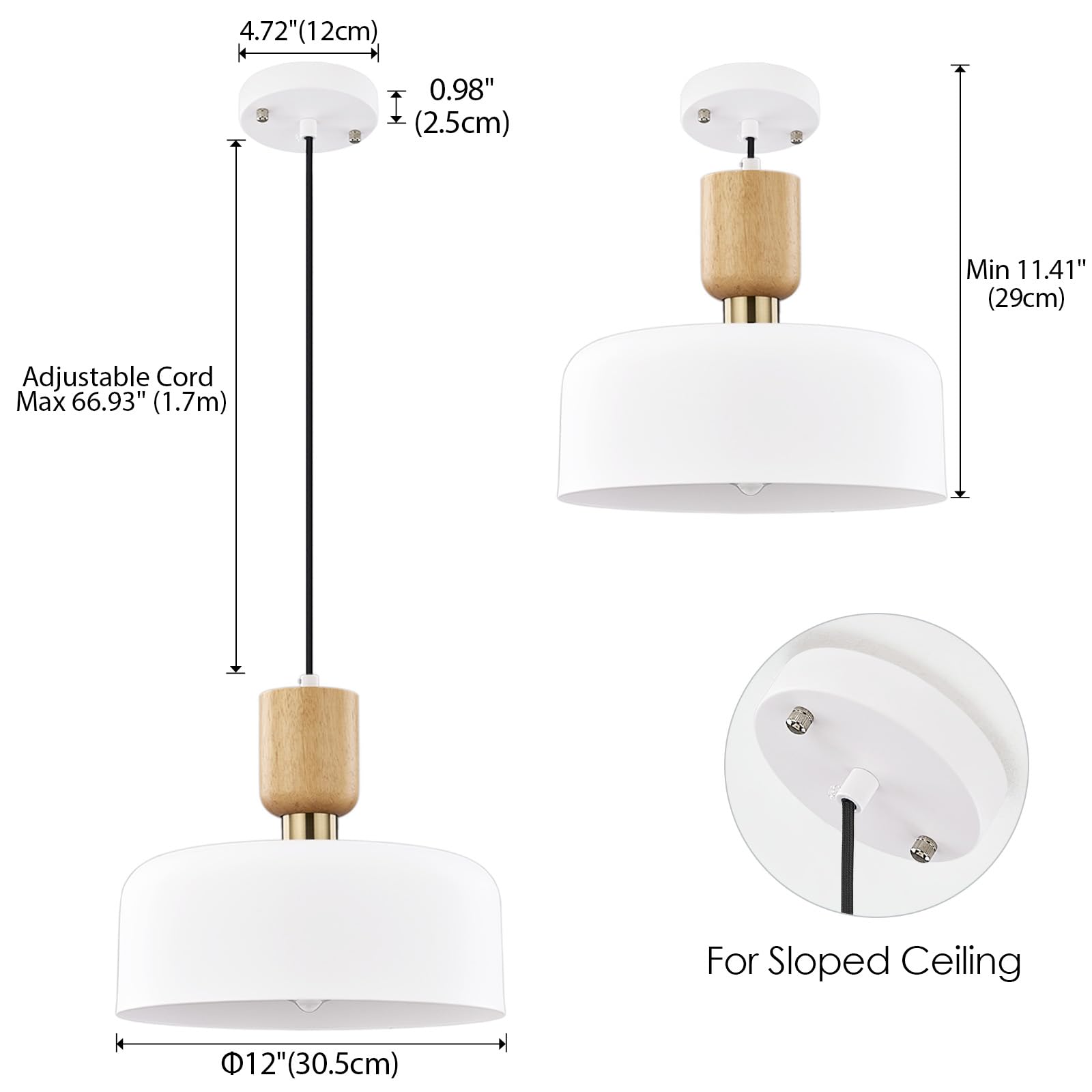 TeHenoo Modern Pendant Lighting,Large Pendant Lamp,Wood and Brass Accent,Adjustable Metal Pendant Light Fixture for Kitchen, Dining Room, White