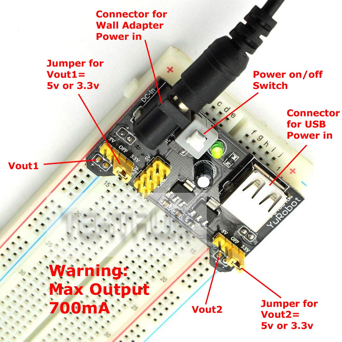 Tektrum Externally Powered Solderless 3220 Tie-Points Experiment Plug-in Breadboard with Aluminum Back Plate, Jumper Wires, Power Module, Wall Adaptor for Proto-Typing Circuit