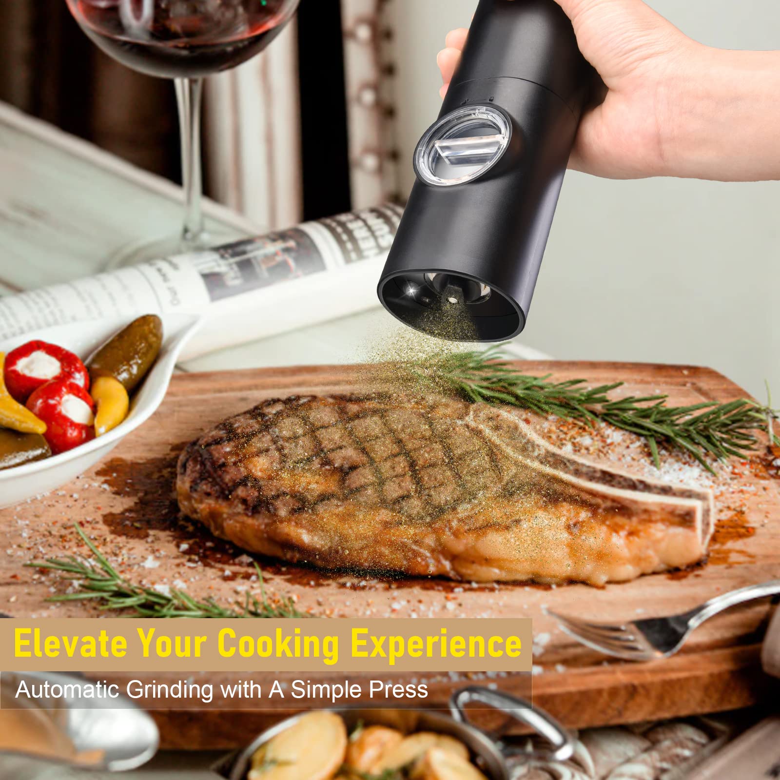 SVAVO Electric Pepper Grinder, Battery Operated Salt Grinder, Automatic Pepper Mill with LED Light, Adjustable Coarseness One-hand Control, Black Peppercorn Grinder Refillable, Battery Not Included