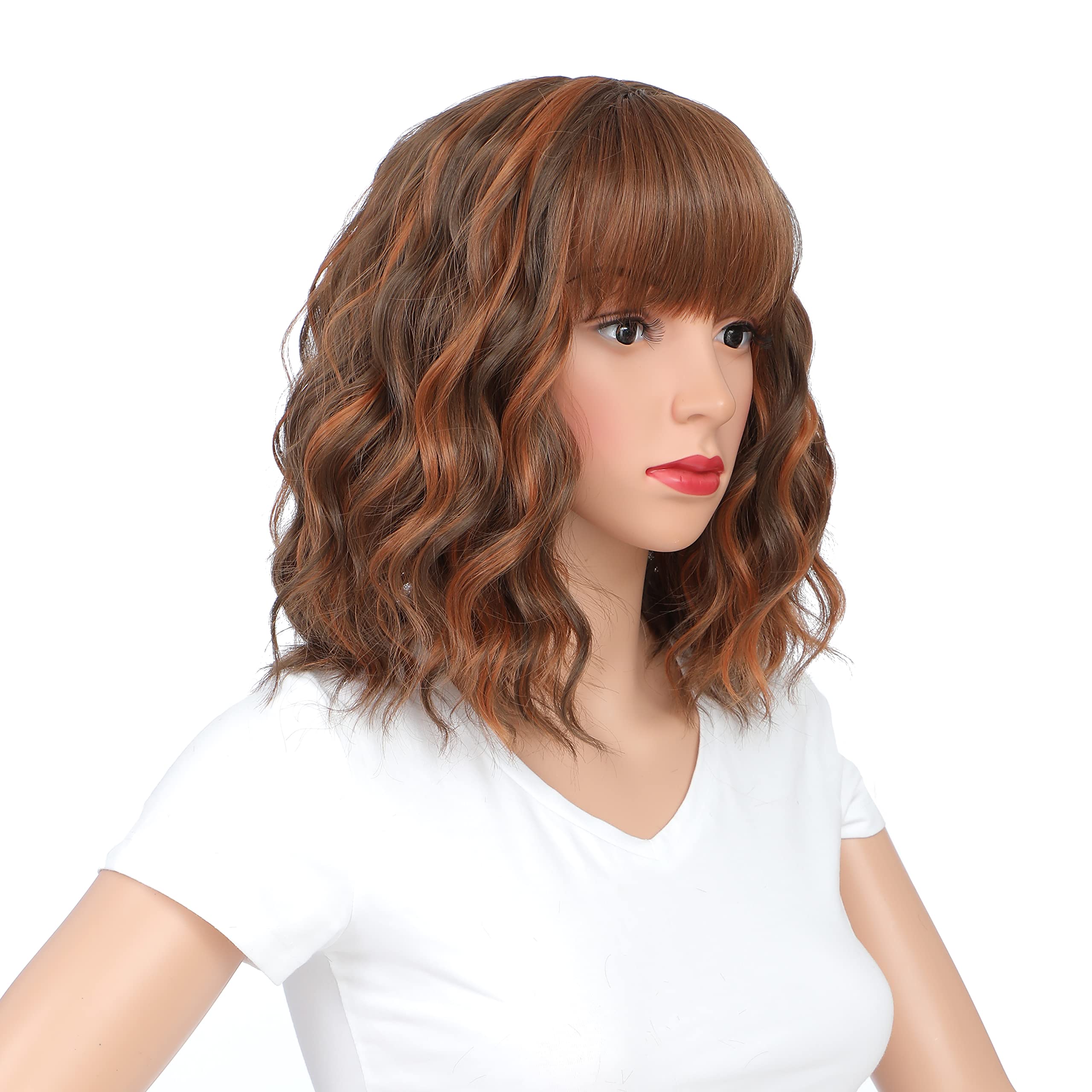 SWACC 12 Inch Short Curly Wavy Bob Wig with Bangs Synthetic Hair Wig for Women with Wig Cap (Hot Pink)