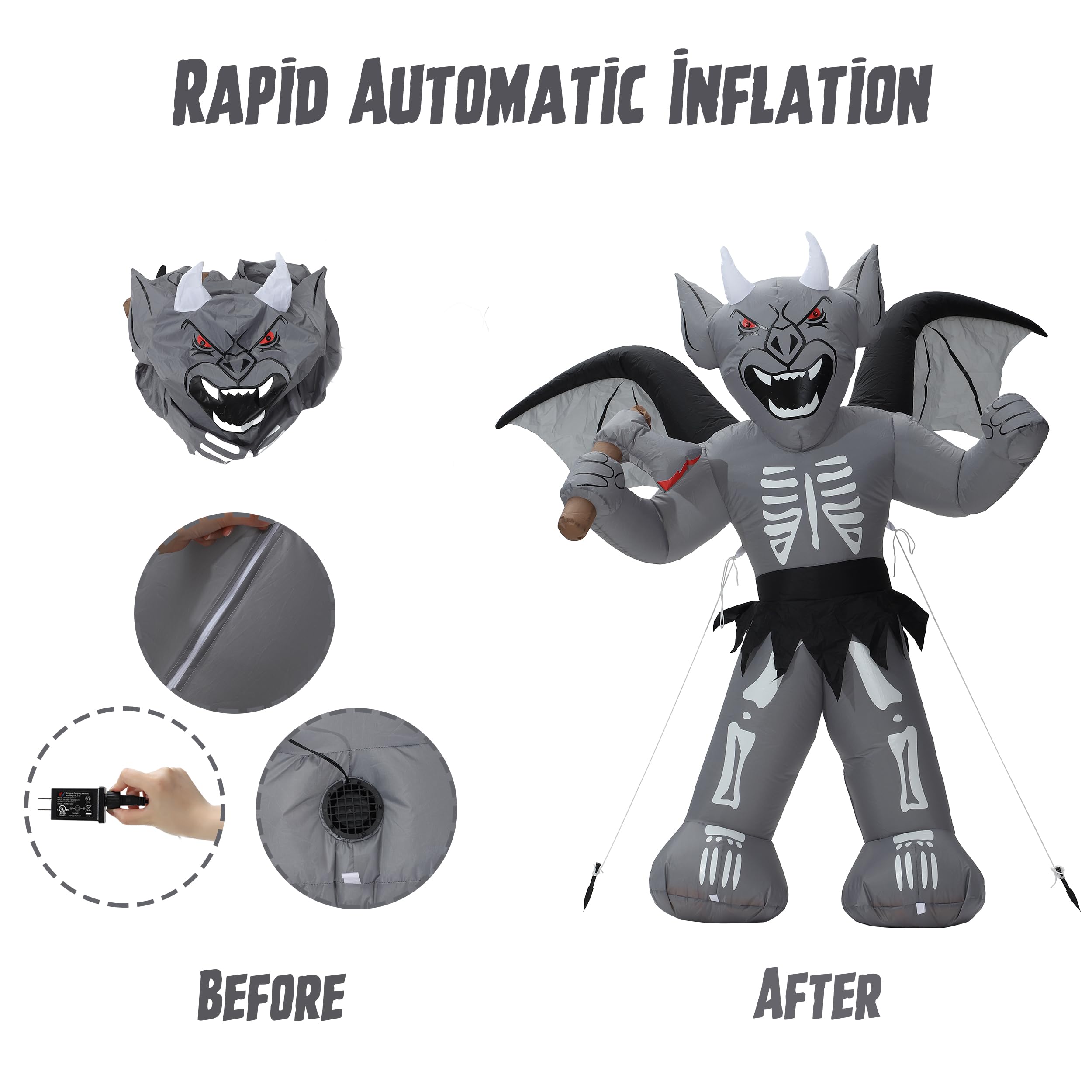 SUNGIFT Halloween Inflatable Skeleton Bat 6FT, Scary Inflatable Ghost, Blow Up Yard Decorations Clearance with Build-in LED Lights for Lawn, Garden, Yard, Indoor and Party