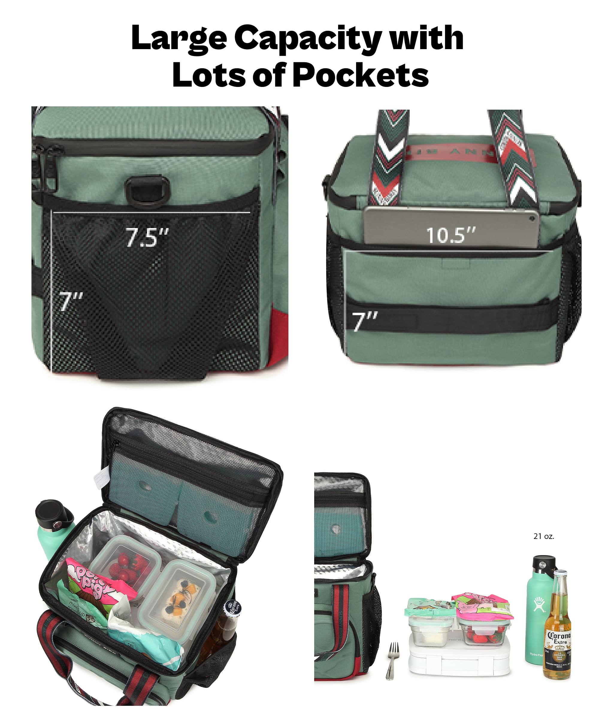 SUNNY BIRD 12L Large Insulated Lunch Bag, Foldable Lunch Cooler Box for Women Adult and Men, Fits 18 Cans (Green with boho strap)
