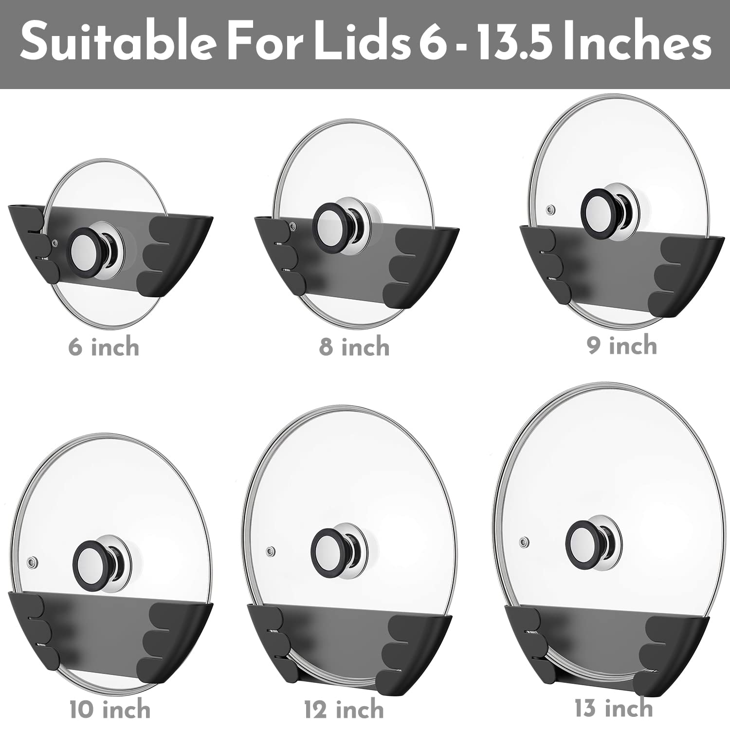 Universal Pot Lid Organizer for Cabinet - Upgraded Patented Niceyos 6 Pack Pan Lids Organizers Inside Door Wall Mount Pots Top Storage Rack Holder Kitchen, Fits 6" to 13" (Black)