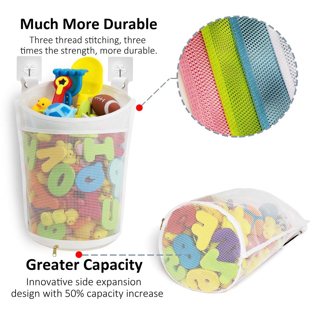 TENRAI Clever Zippered Mesh Bath Toy Organizer, Multiple Ways to Hang, 4 Ultra Strong Hooks, Extra Large Opening Bathroom Toy Holder, Large Capacity Multi Use Bathtub Toy Storage Bag