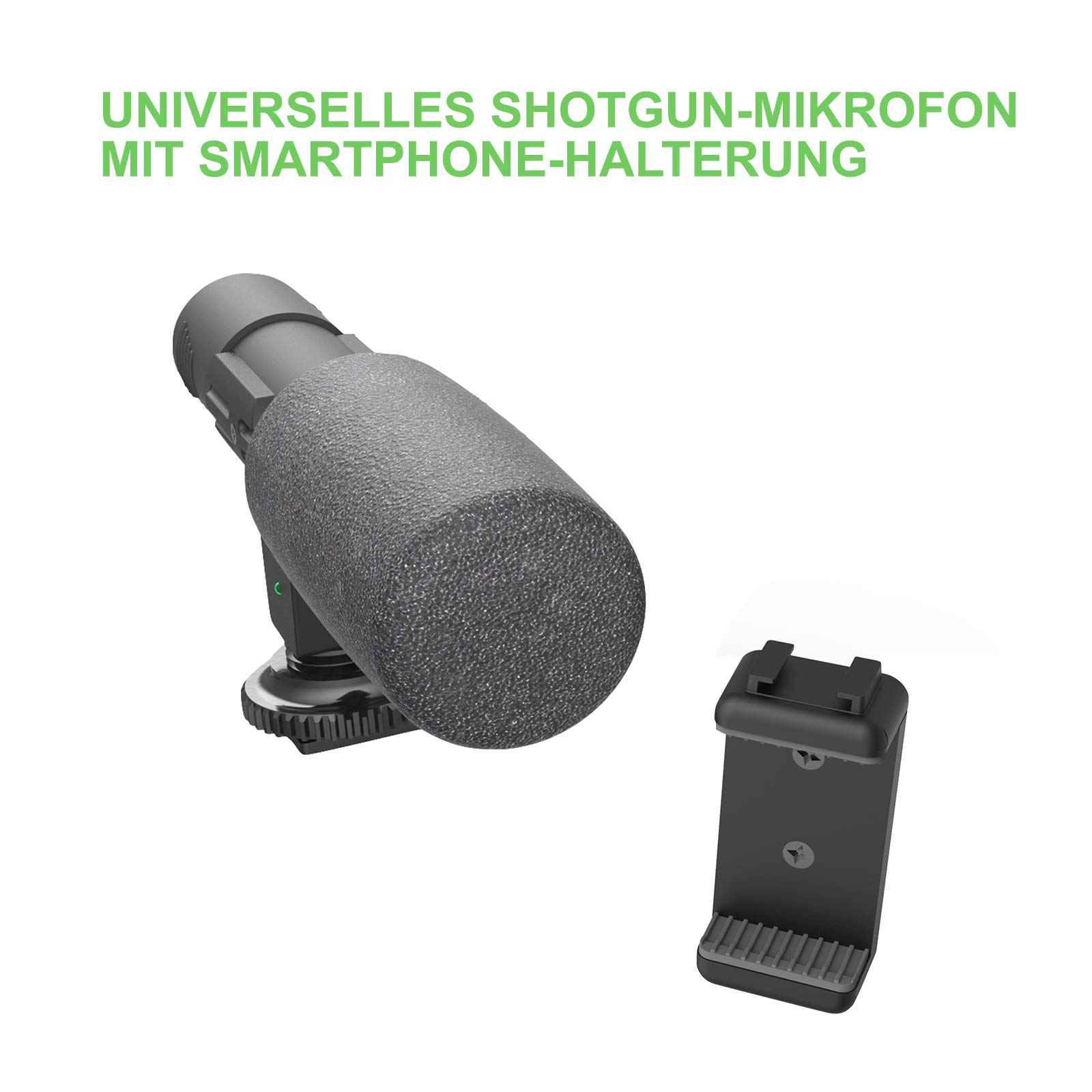 Universal Shotgun On Camera Microphone for All Smartphones, DSLRs, Mirrorless & Action Cameras - Phone Mount Included with Shoe Adapter