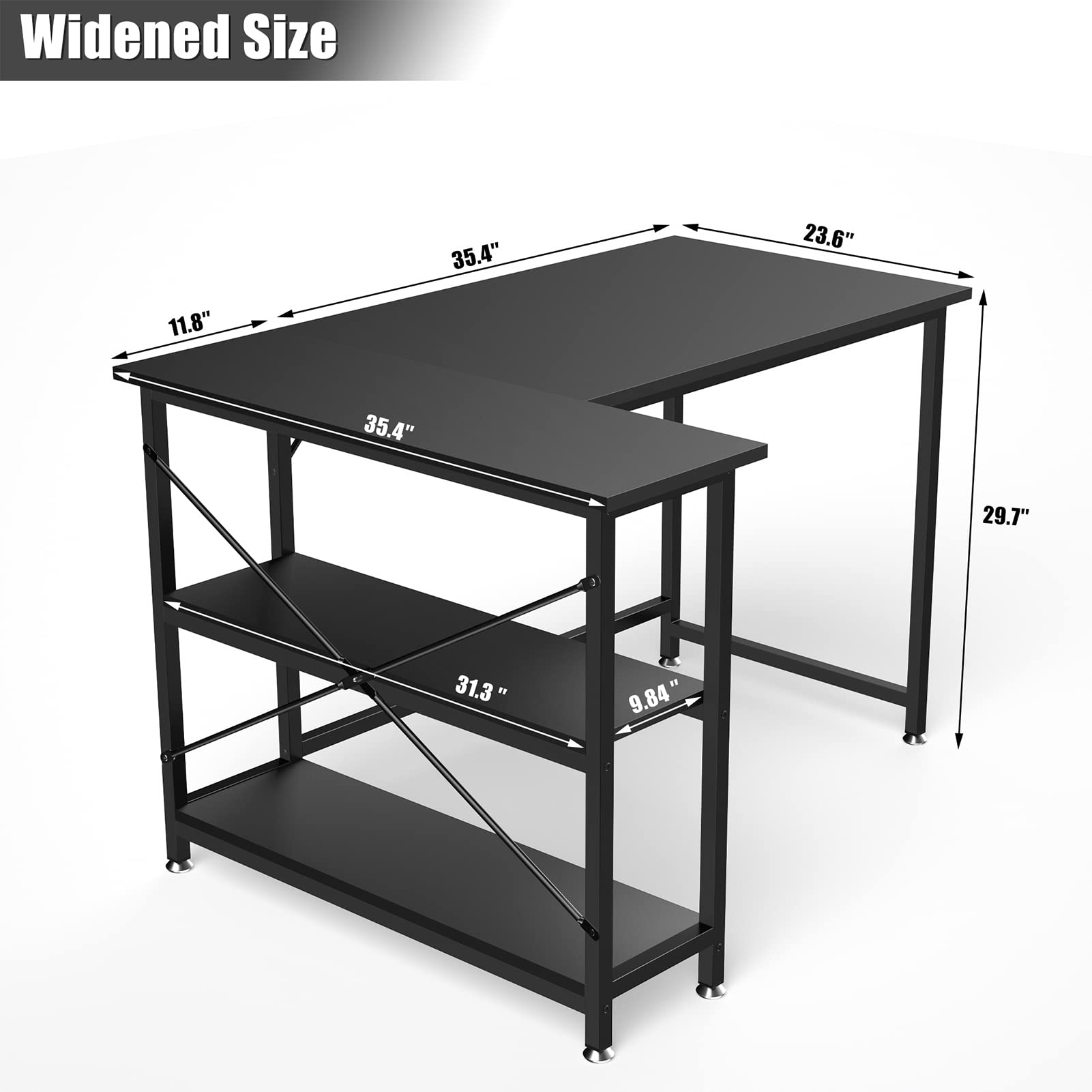 SunyesYo L Shaped Computer Desk 47 in - Small Office Home Gaming Desk with Storage Shelves - Study Writing Corner Table, Reversible Sturdy Workstation, Work PC Desk, Classic Black
