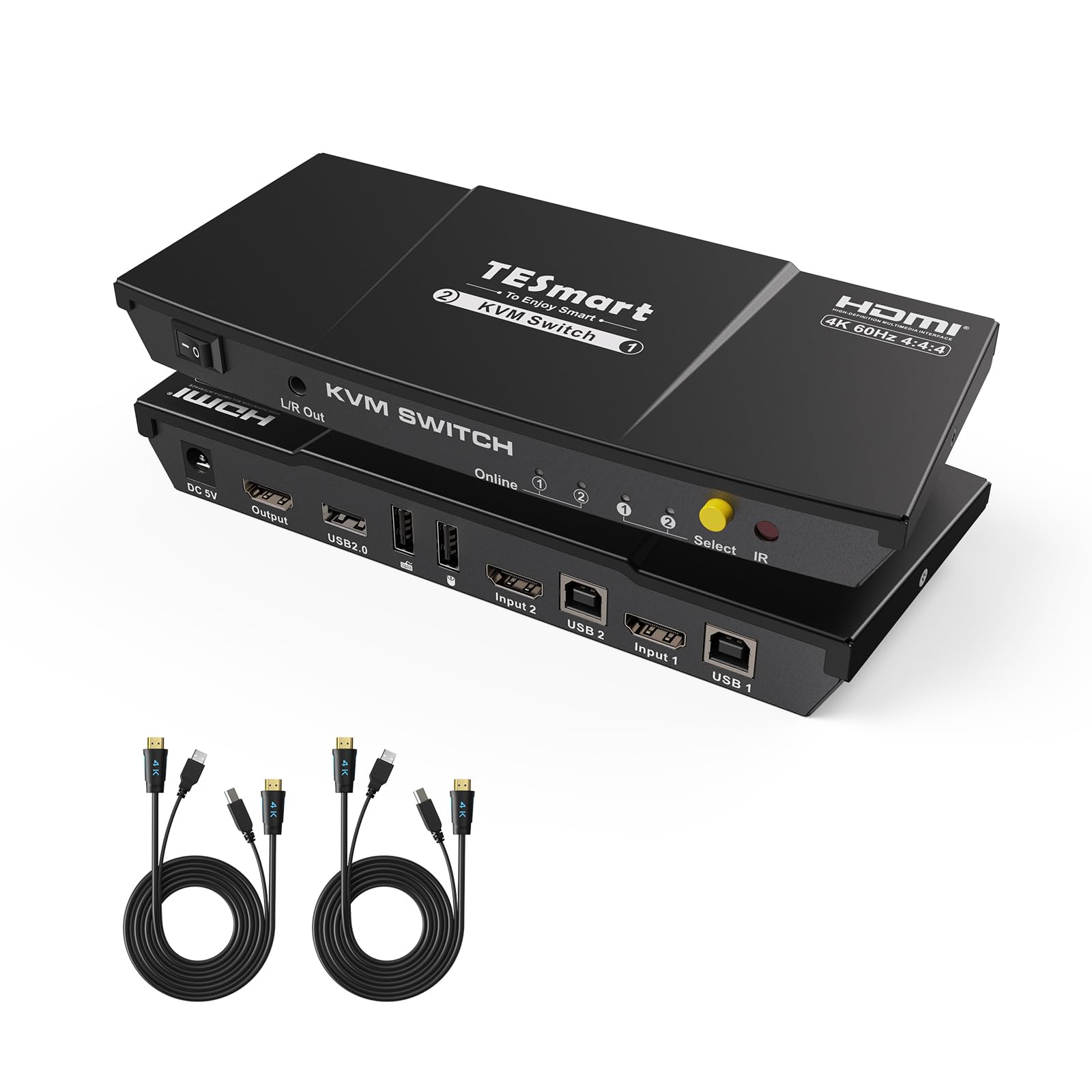 TESmart HDMI KVM Switch 2 Port 4K@60Hz, KVM Switch 1 Monitor 2 Computers EDID Emulators, USB 2.0, L/R Audio, Hotkey Switch, Button Switch with Remote Controller and All Cables