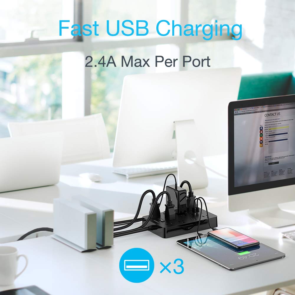TESSAN Mountable Power Strip Extension Cord with Surge Protector, 10 AC Outlets, and 3 USB Charging Ports for Home and Offices, Black